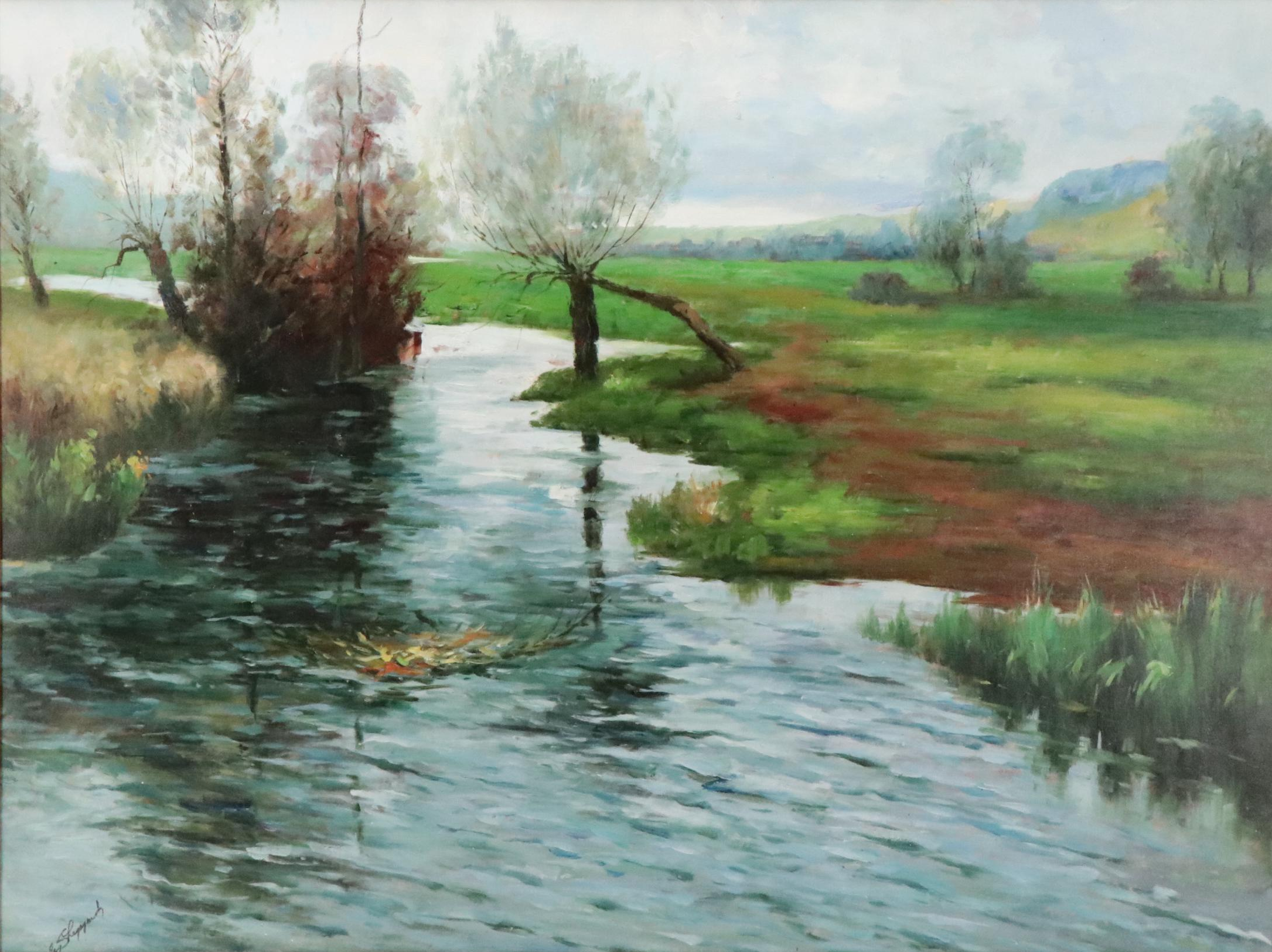 Sheppard Large Scale Landscape Oil Painting of River, Late 20th Century ...
