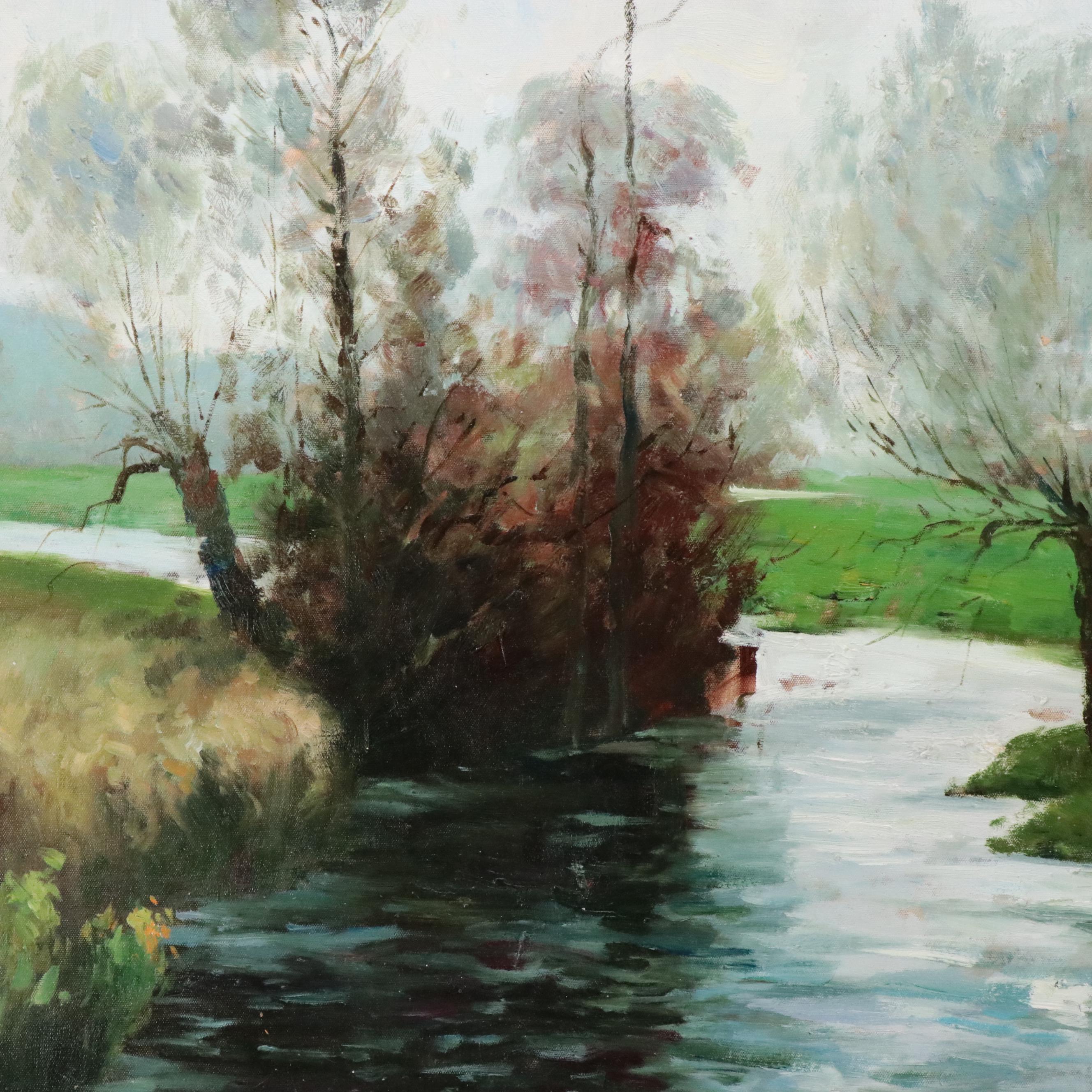 Sheppard Large Scale Landscape Oil Painting of River, Late 20th Century ...