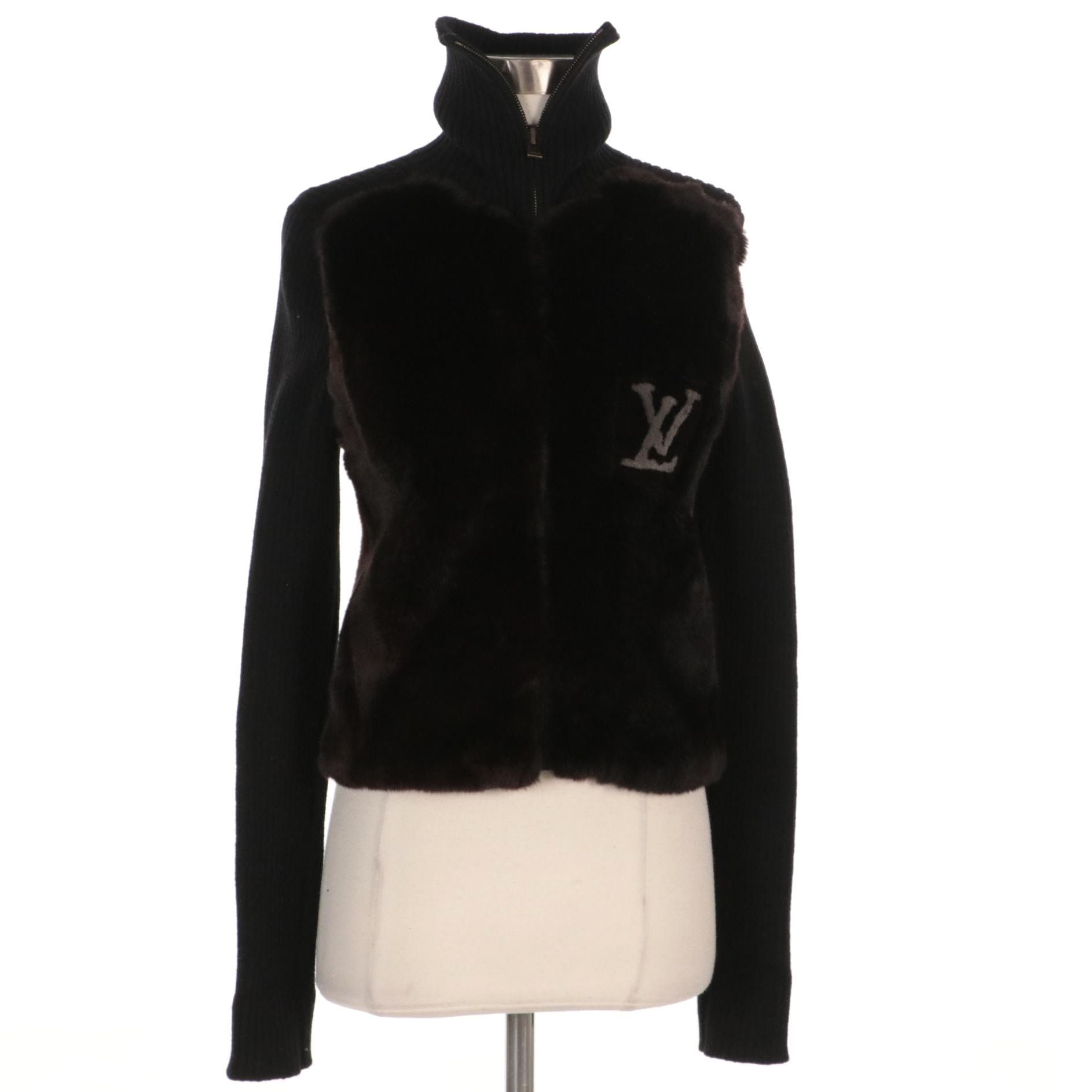 Louis Vuitton Monogram Logo Rabbit Fur and Ribbed Knit Wool Zipper ...