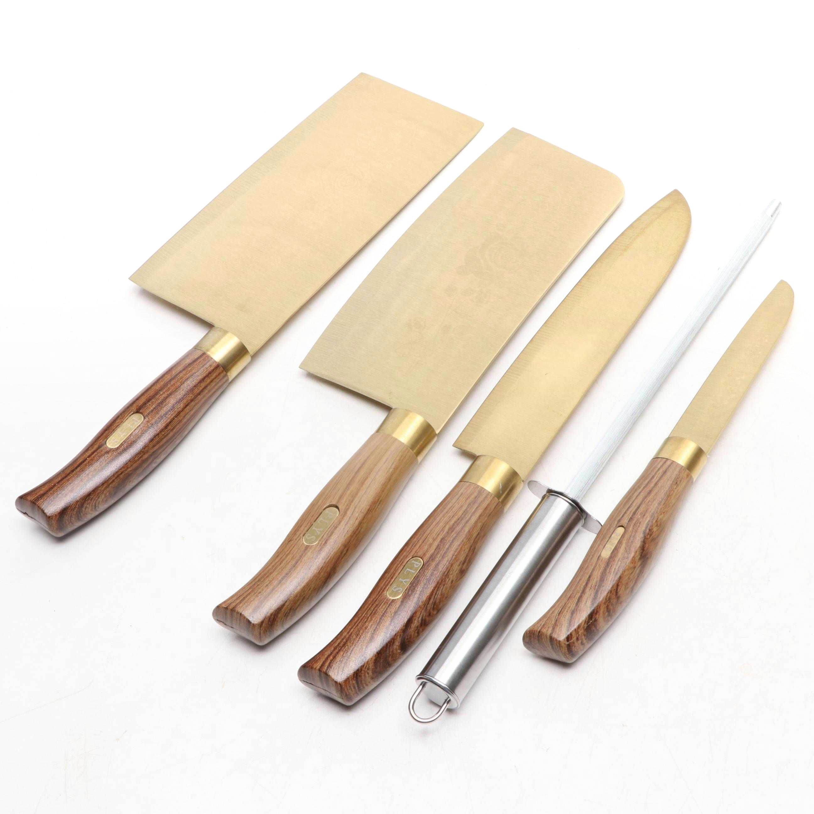 PLYS Wooden Handled and Golden Finish Knife Set with Knife Roll | EBTH