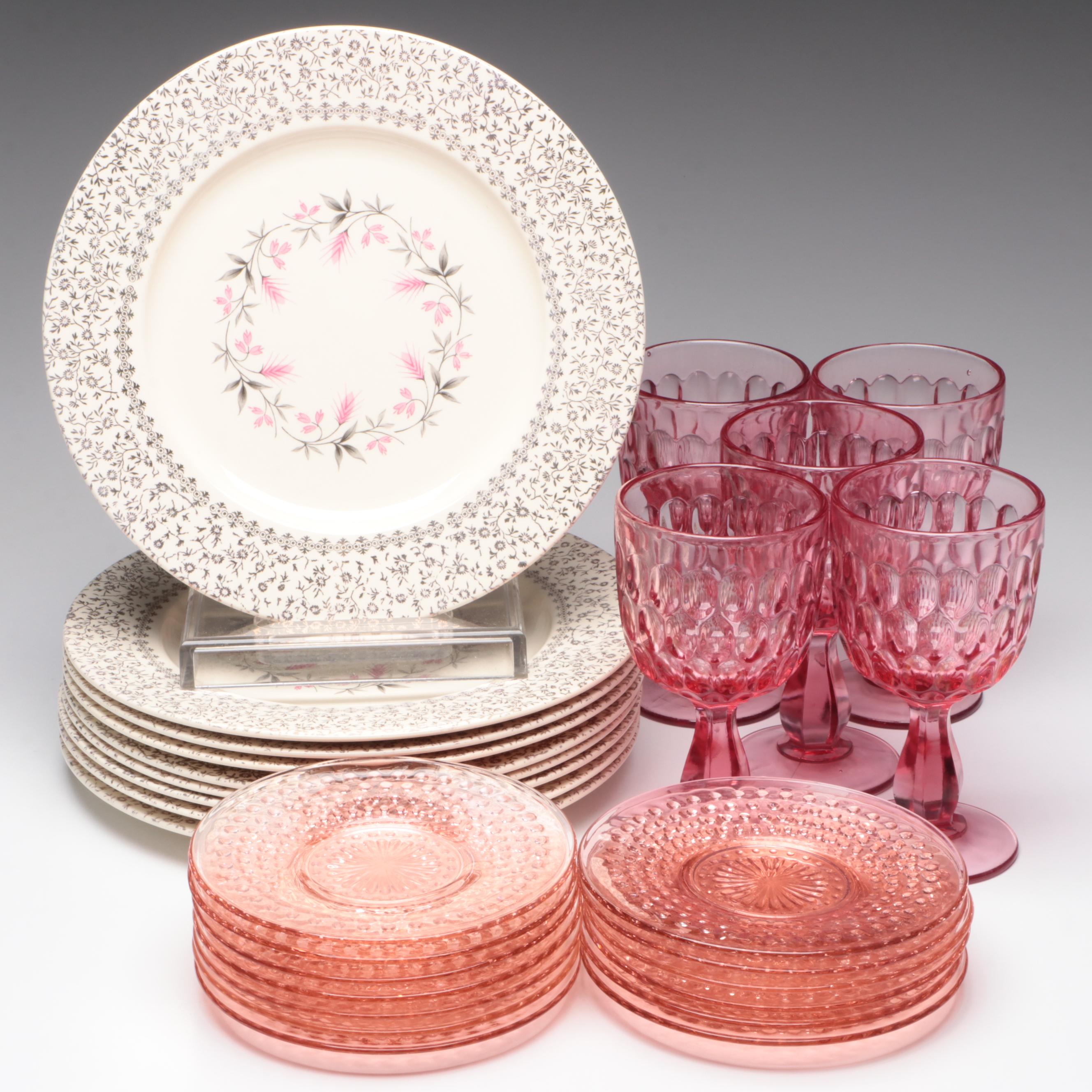 Fenton "Thumbnail Colonial Pink" Water Goblets with Other Plates | EBTH