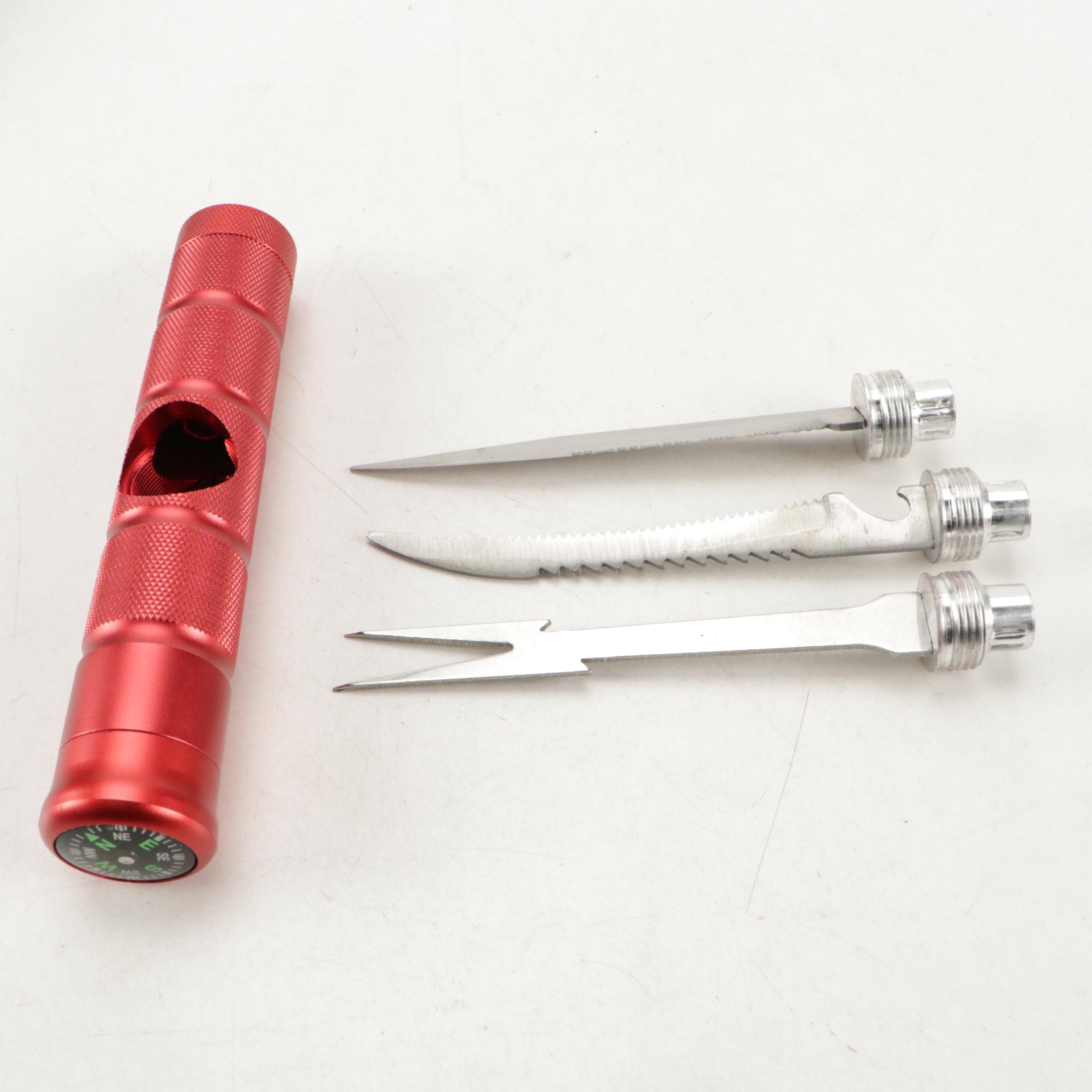 Red Metal Survival Cane 9-in-1 with Knife and Saw with Case | EBTH