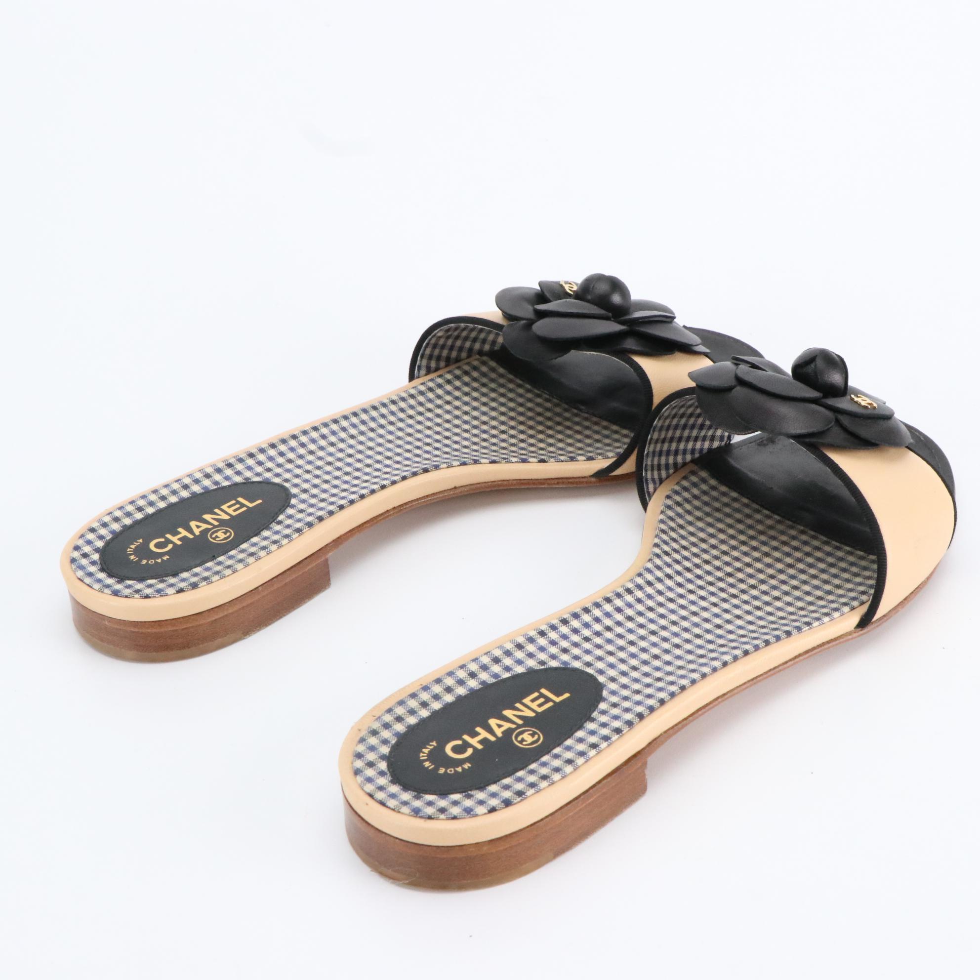 Chanel Leather Camelia Colorblock Slide Sandals | EBTH