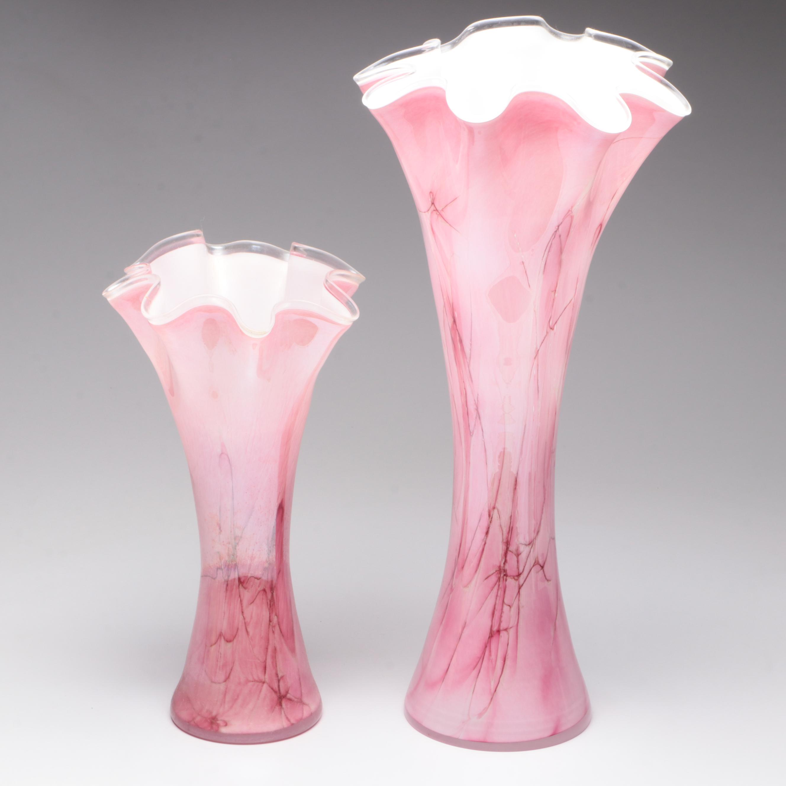 Murano Style Pink Cased Glass Ruffle Vases | EBTH