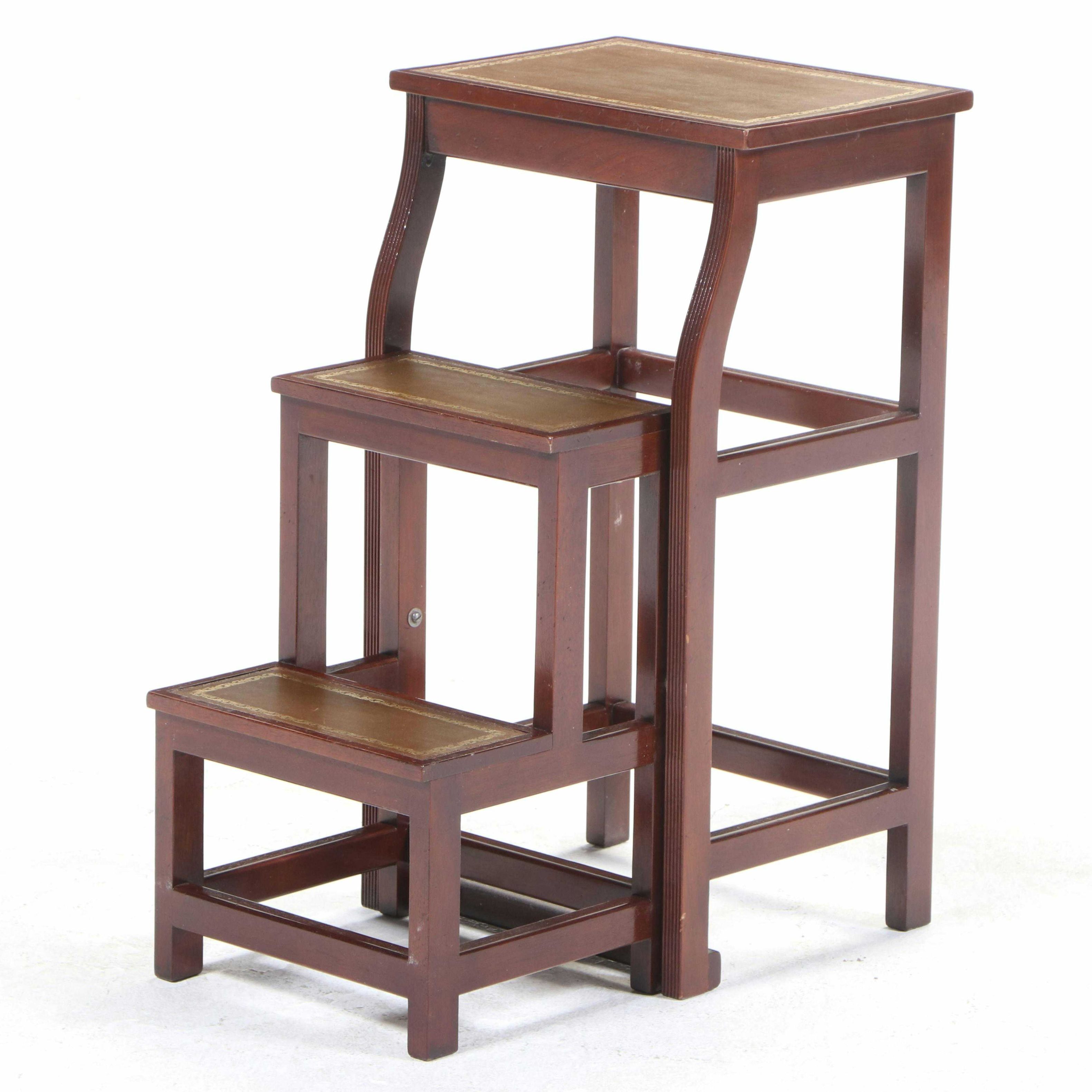 George III Style Mahogany and Gilt-Tooled Leather Folding Library Steps ...