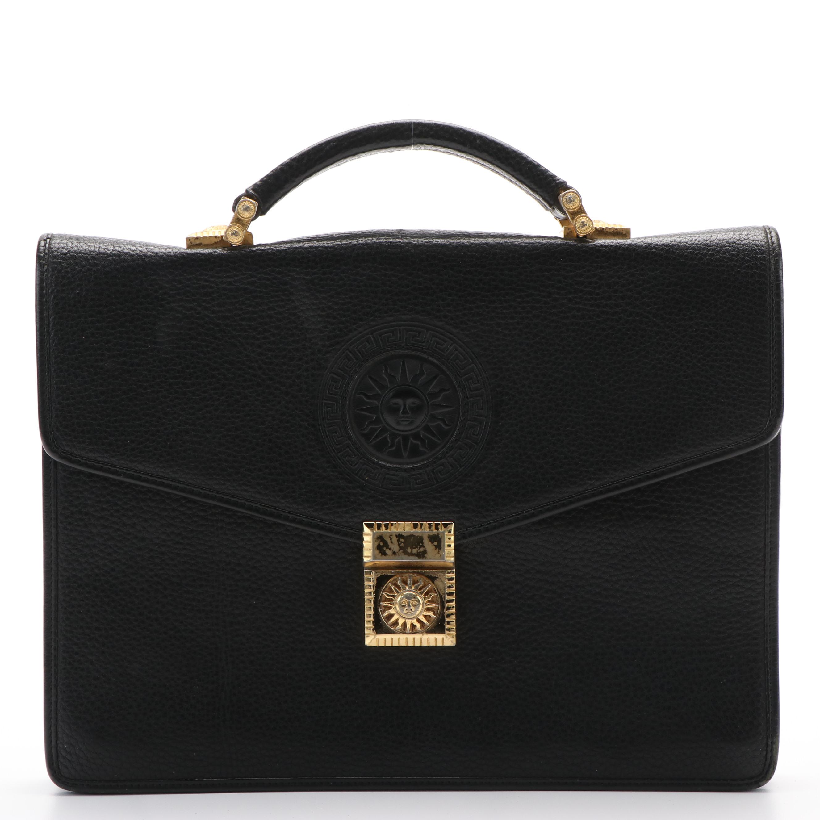 Gianni Versace Sun Embossed Logo Black Leather Briefcase | EBTH