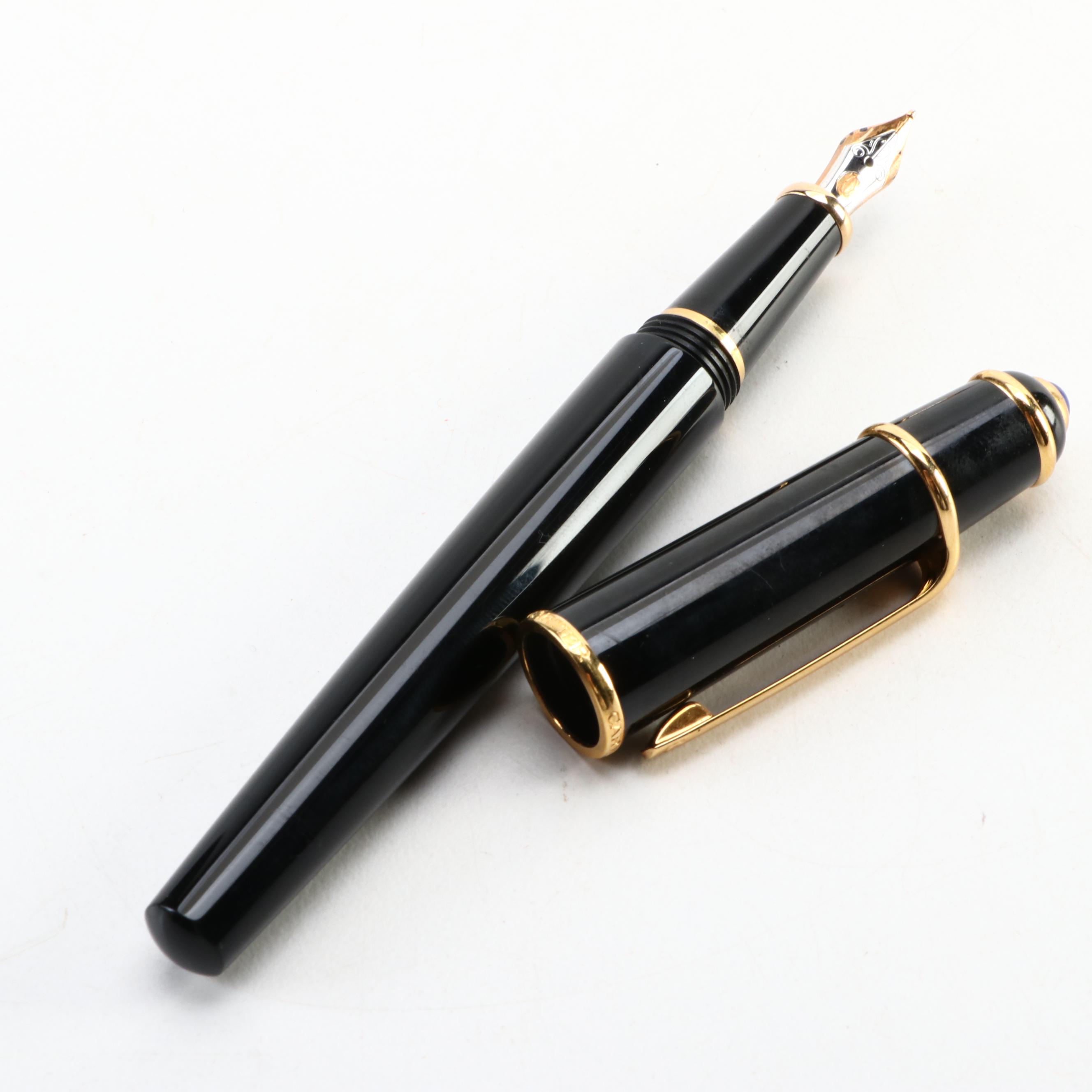 Cartier Black Lacquer Fountain Pen with 18K Nib and Blue Stone Cabochon ...