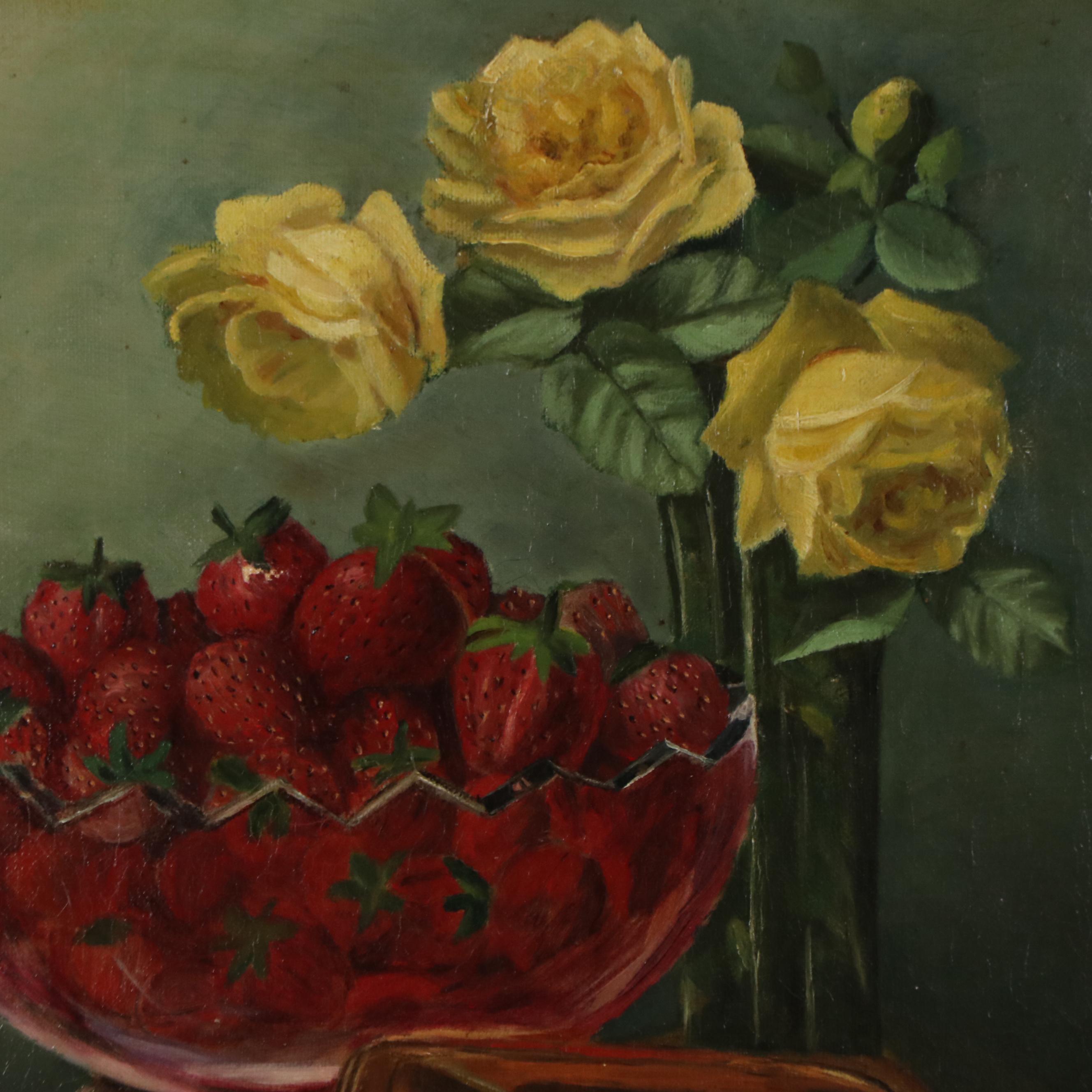 Victorian Still Life Oil Painting of Strawberries and Roses, 1885 | EBTH