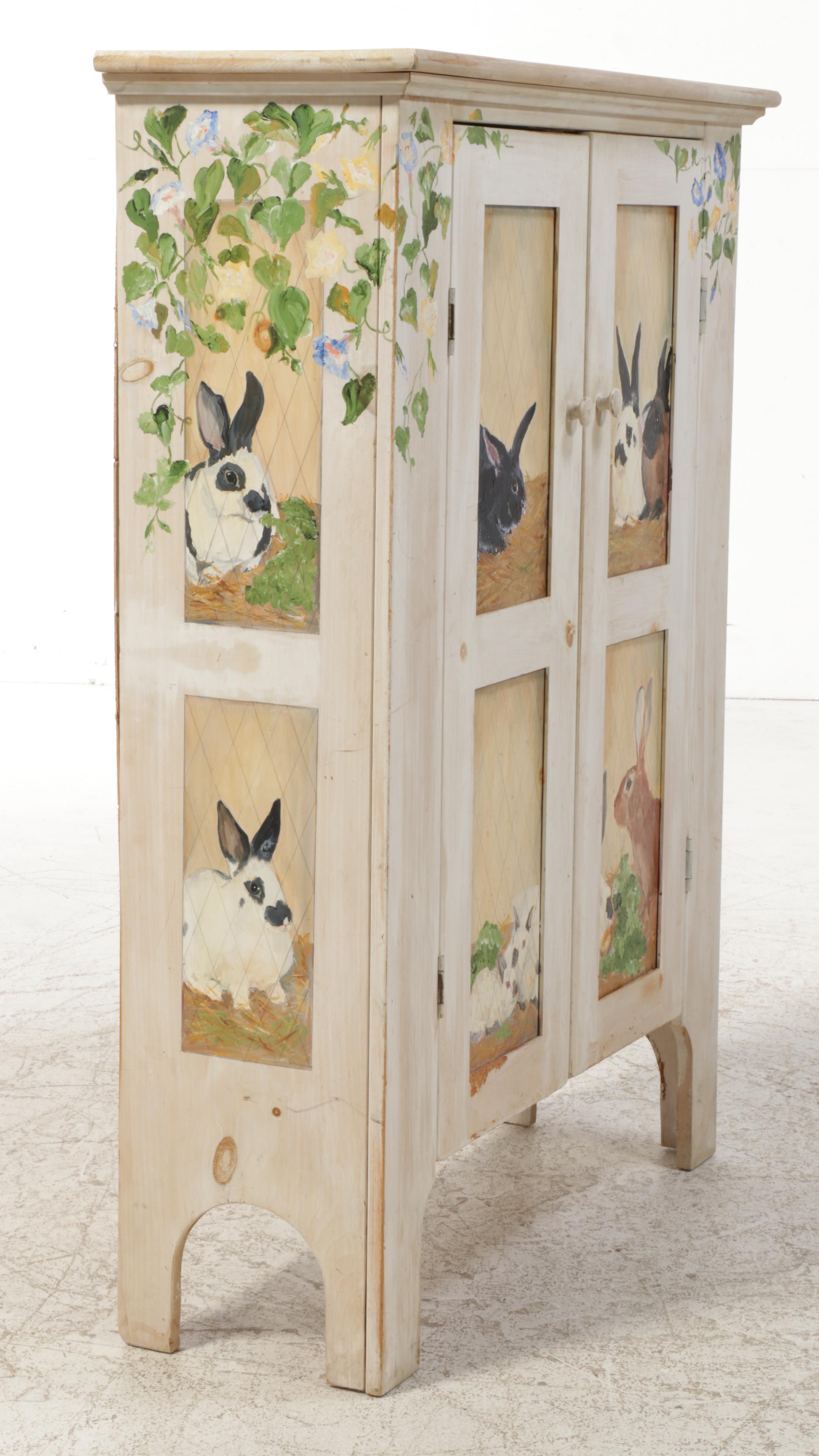 American Primitive Style Paint-Decorated Cupboard with Rabbits ...