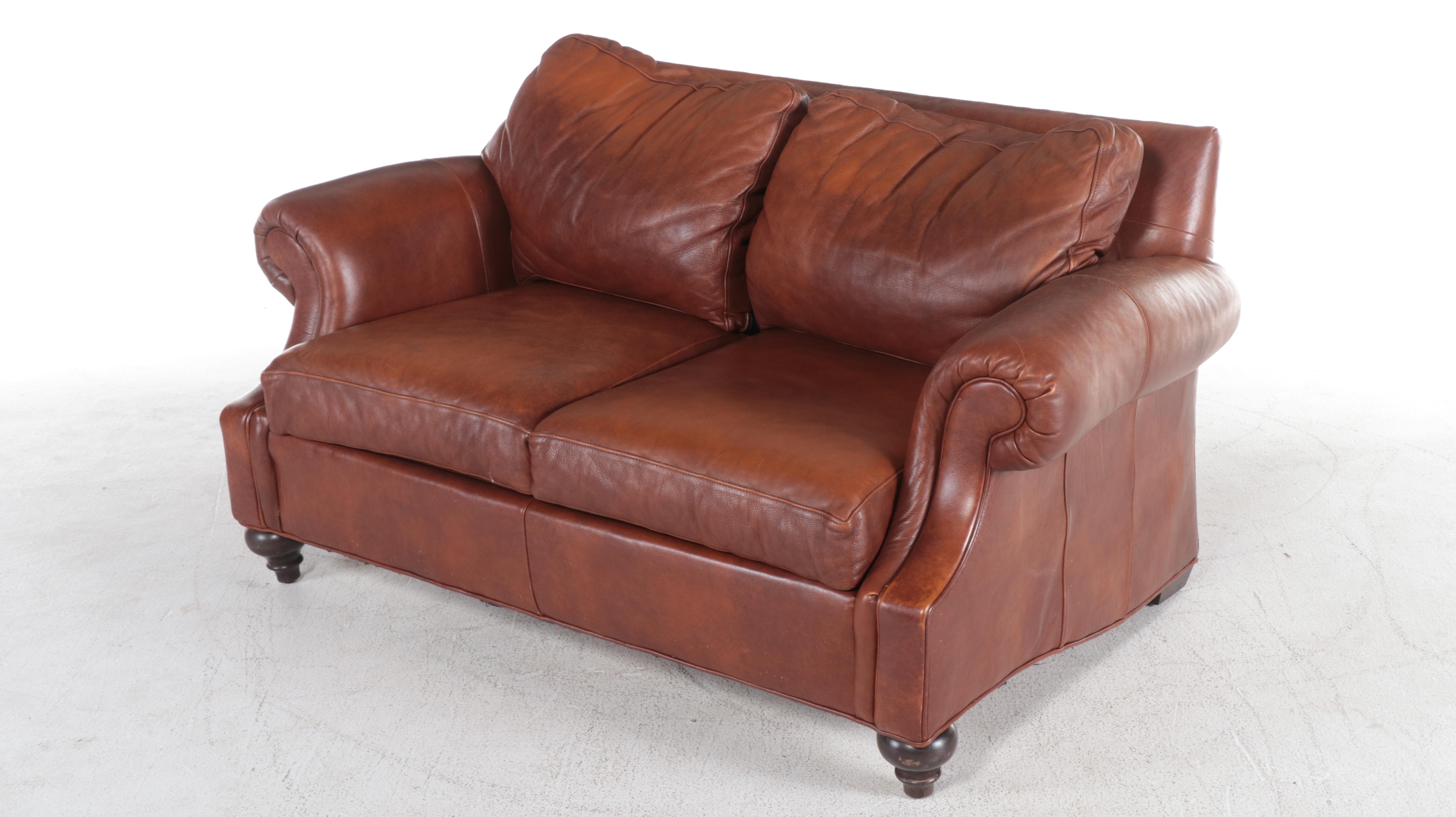 Ethan Allen Leather Roll-Arm Loveseat | EBTH
