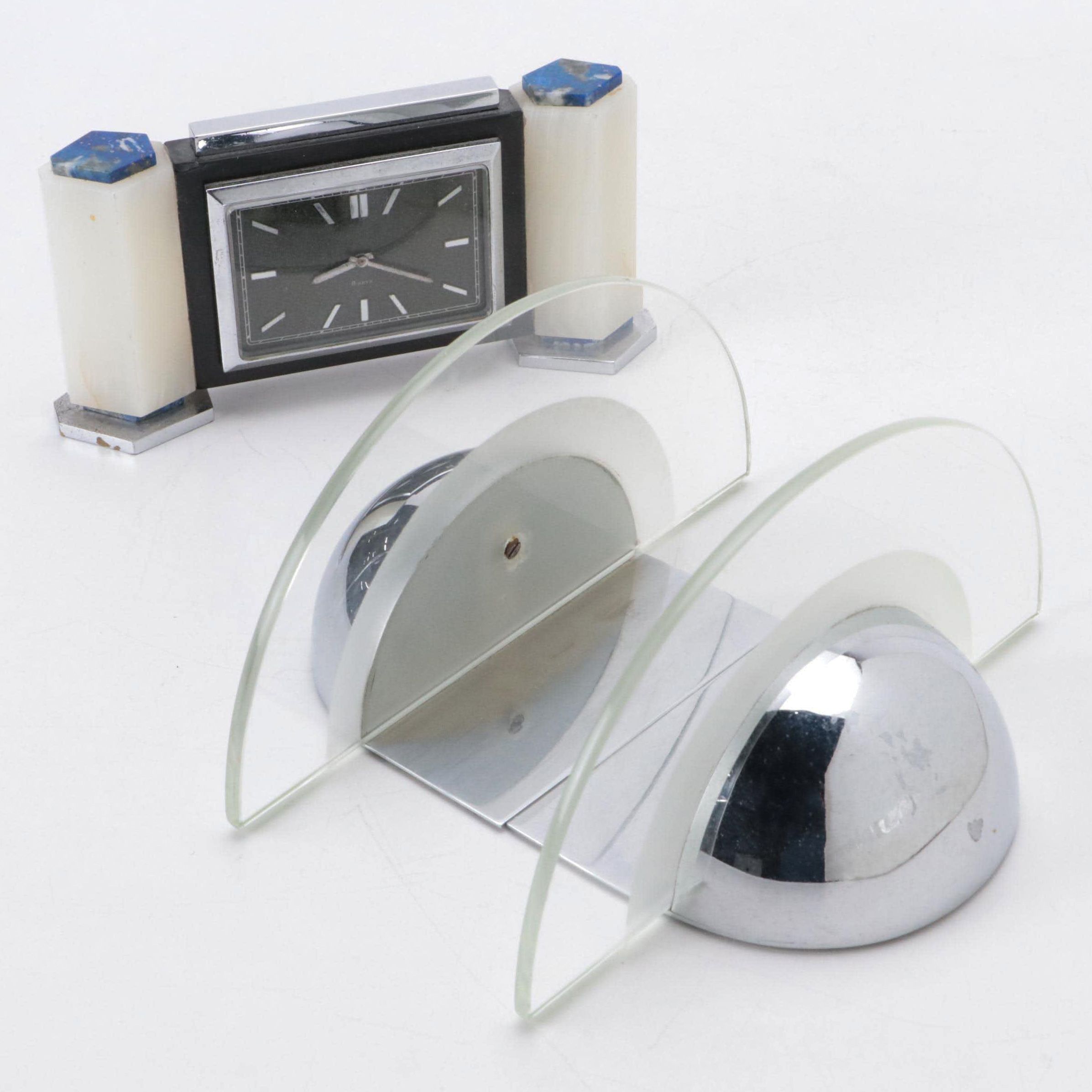 English Art Deco Stone, Lapis and Chromed Metal 8 Day Clock with ...