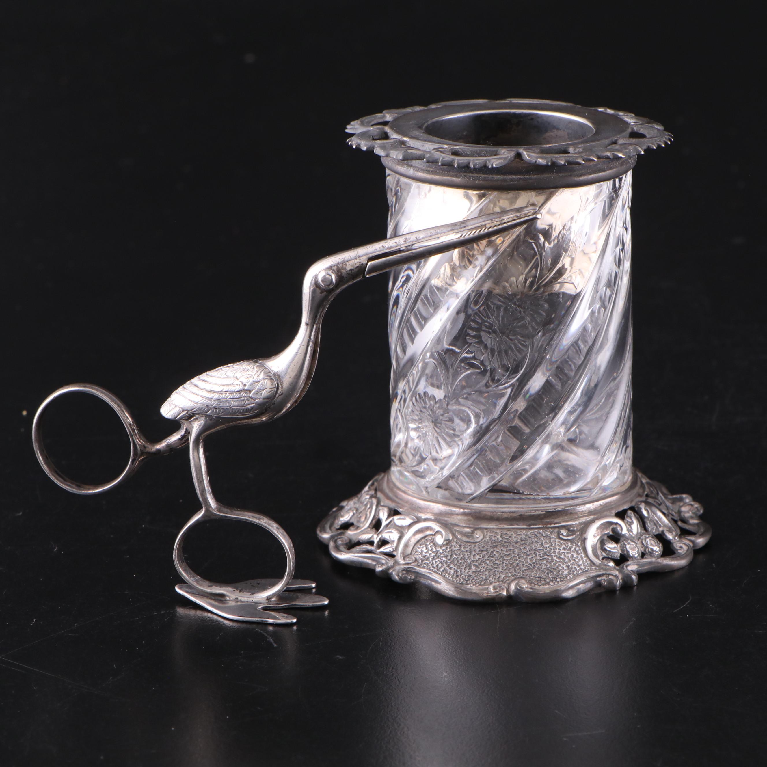 Victorian Sterling Silver Stork Ribbon Puller and Sterling and Crystal ...