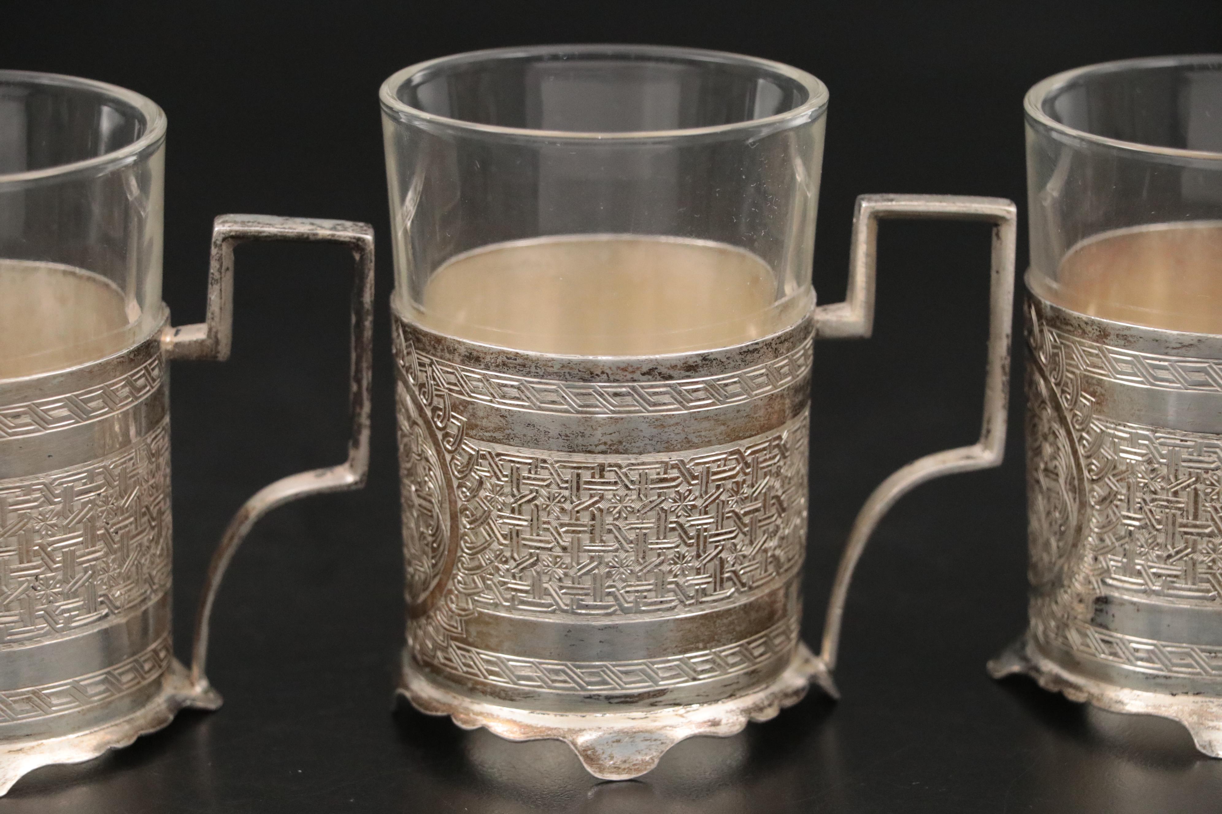 Persian Chased 800 Silver and French Glass Tea Cups | EBTH