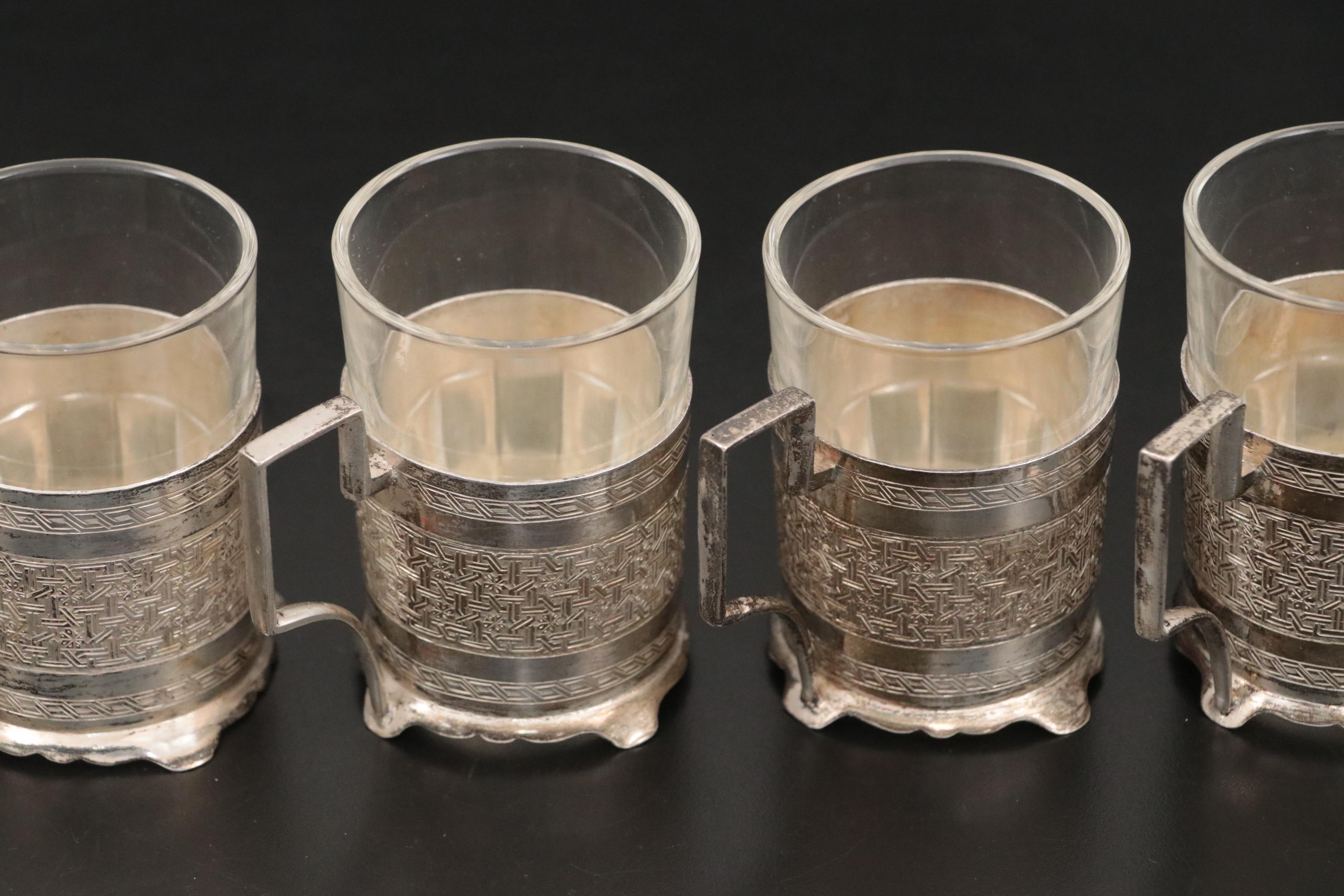 Persian Chased 800 Silver and French Glass Tea Cups | EBTH