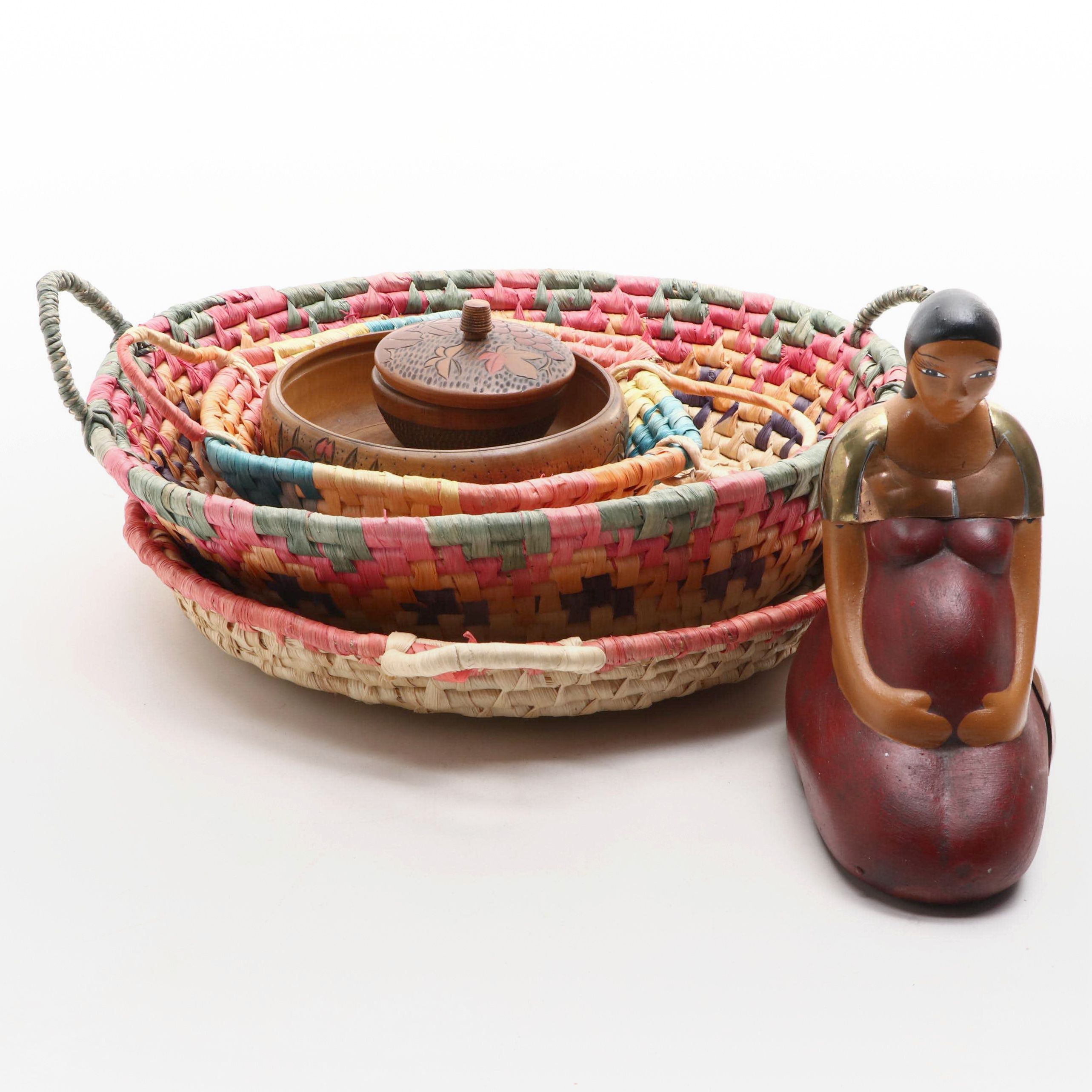 Mexican Folk Art Plaster and Copper Pregnancy Figurine with Vessels | EBTH