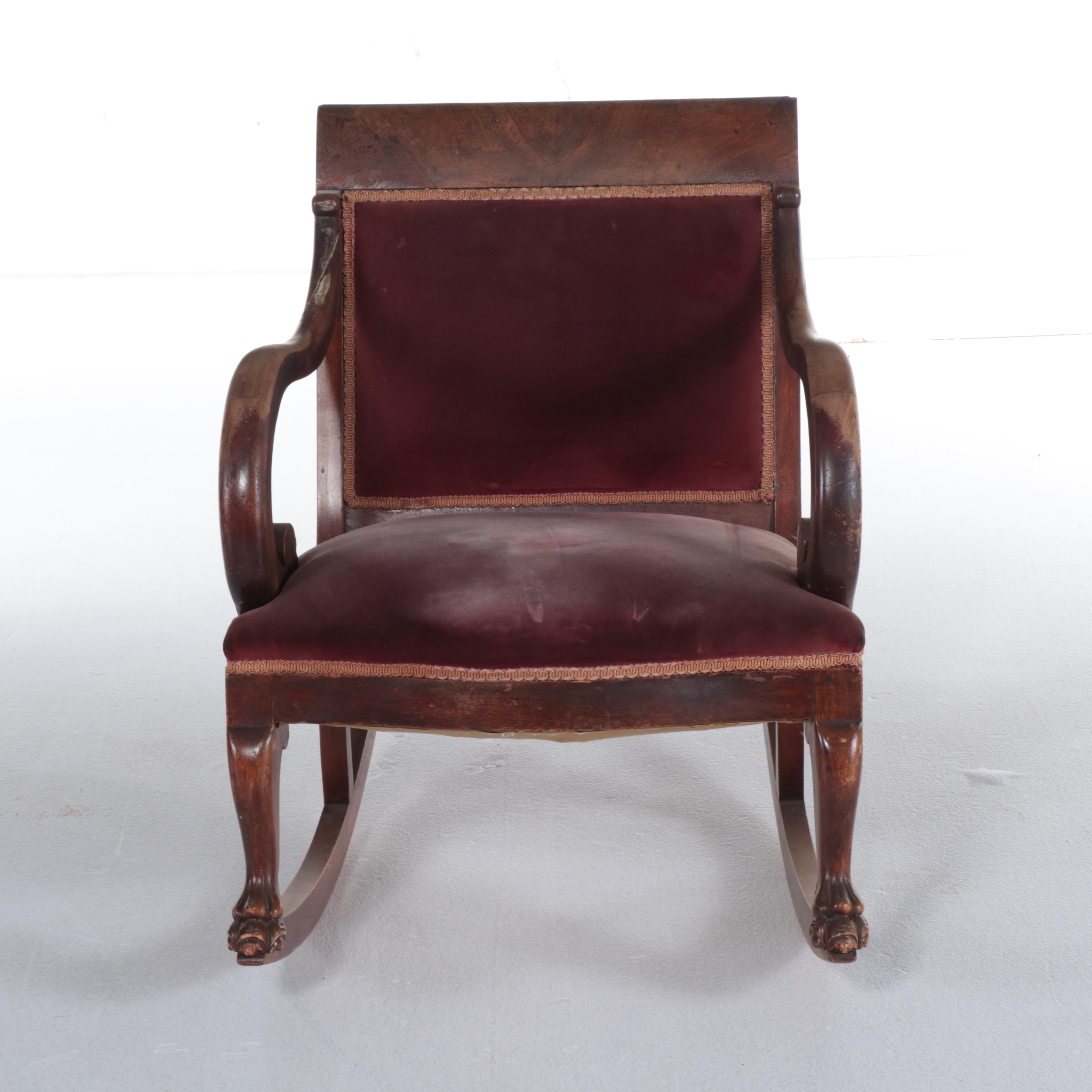 American Empire Style Mahogany Scrolled Arm and Lions Paw Rocking Chair ...