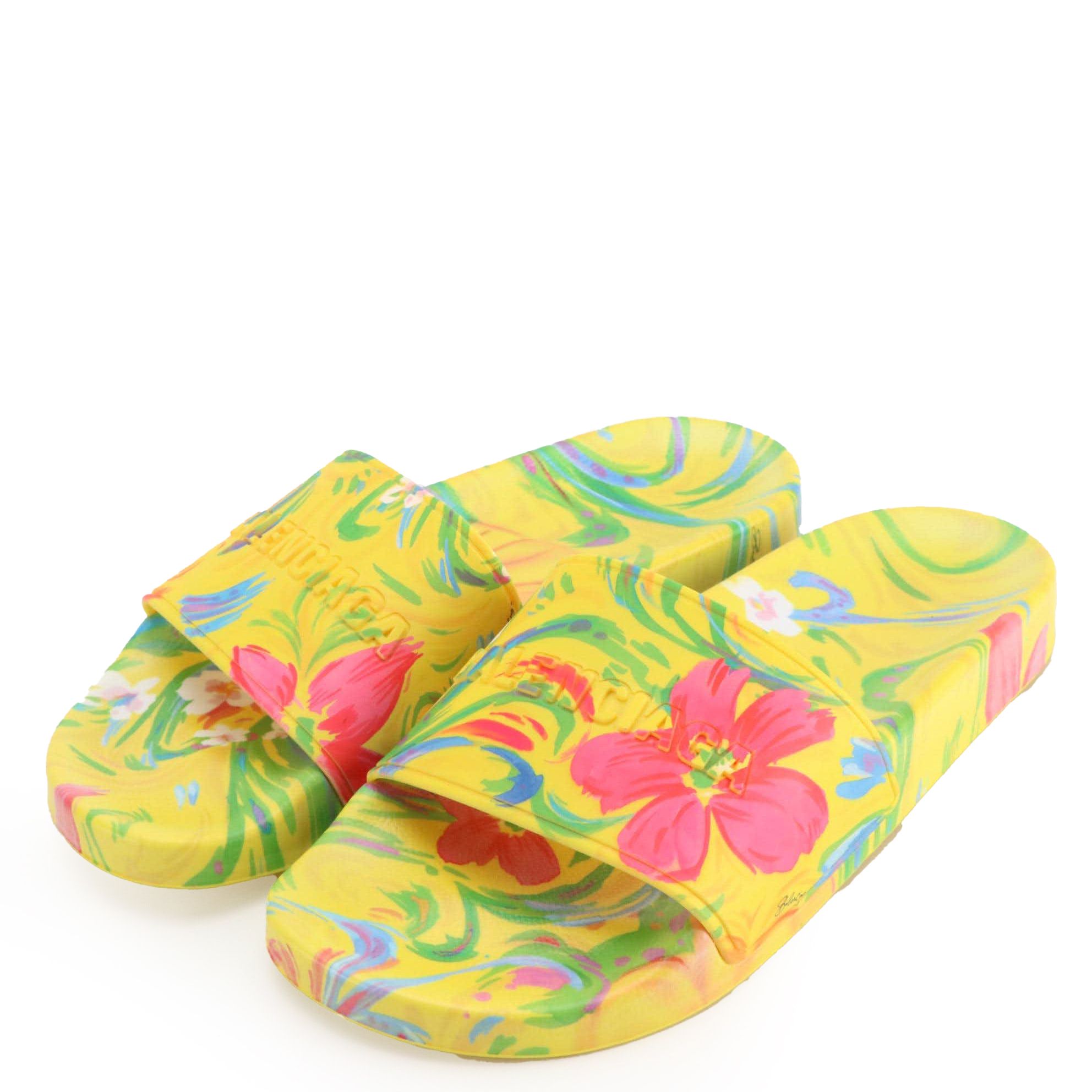 Balenciaga Yellow Floral Print Pool Slides, New in Box | EBTH