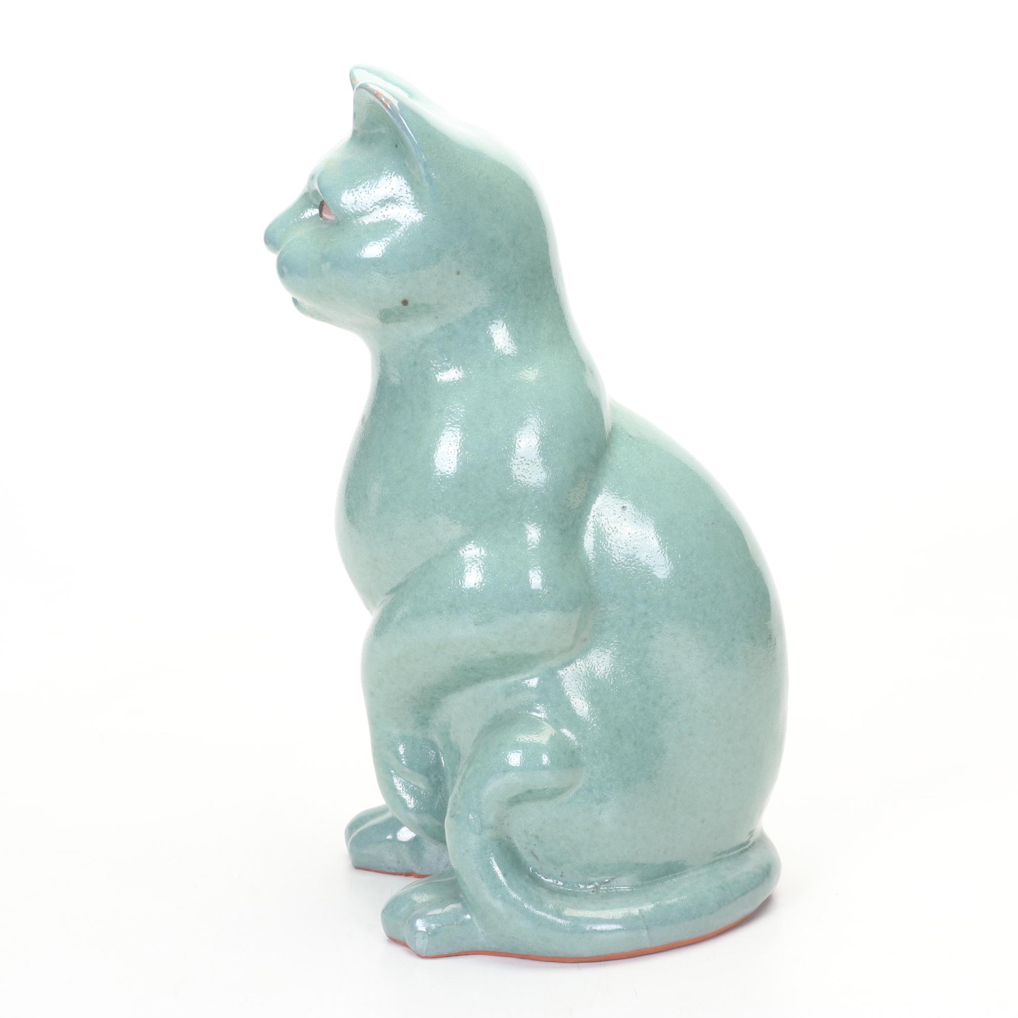 Terra Cotta Floor Size Seated Cat Figure In Celadon Glaze | EBTH