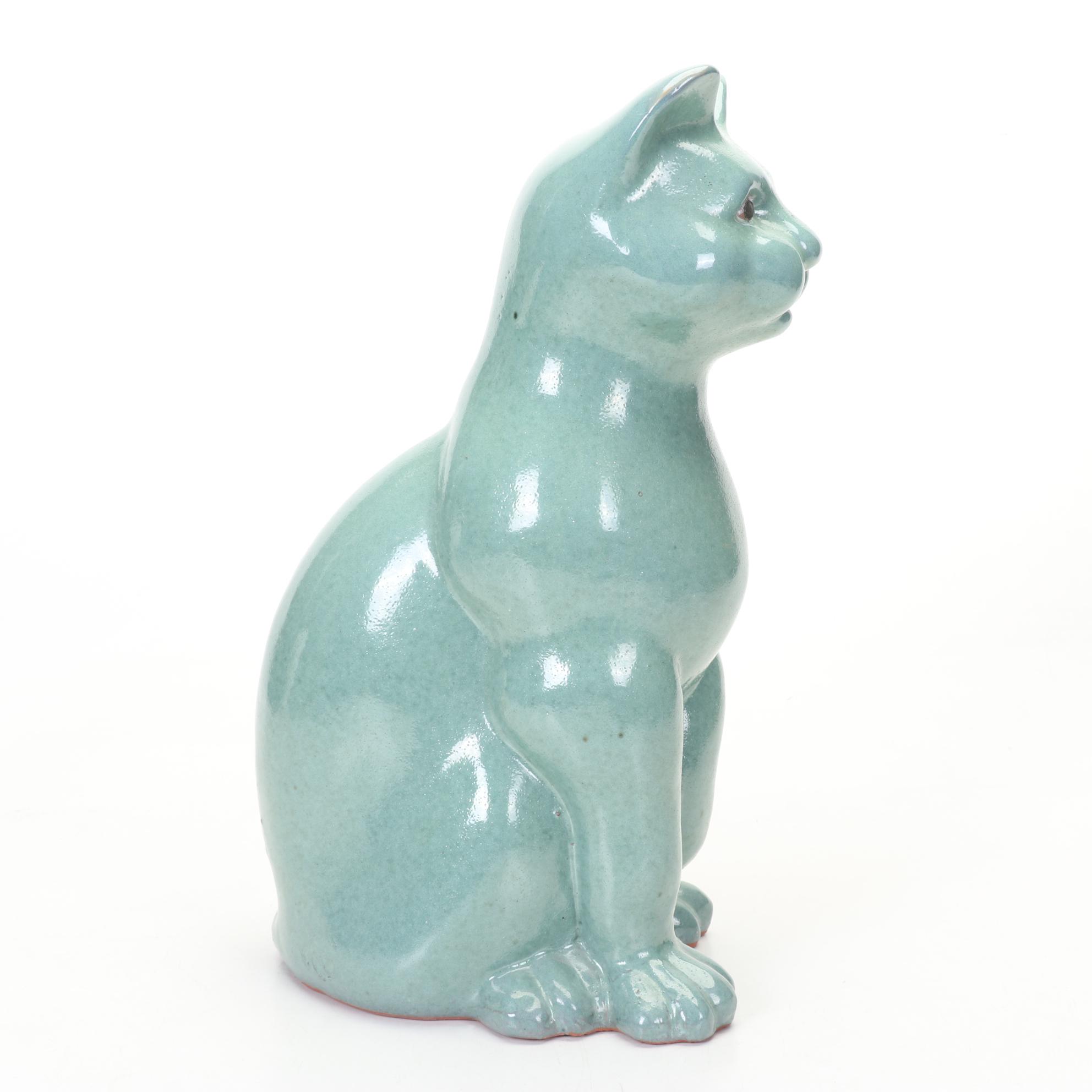 Terra Cotta Floor Size Seated Cat Figure In Celadon Glaze | EBTH
