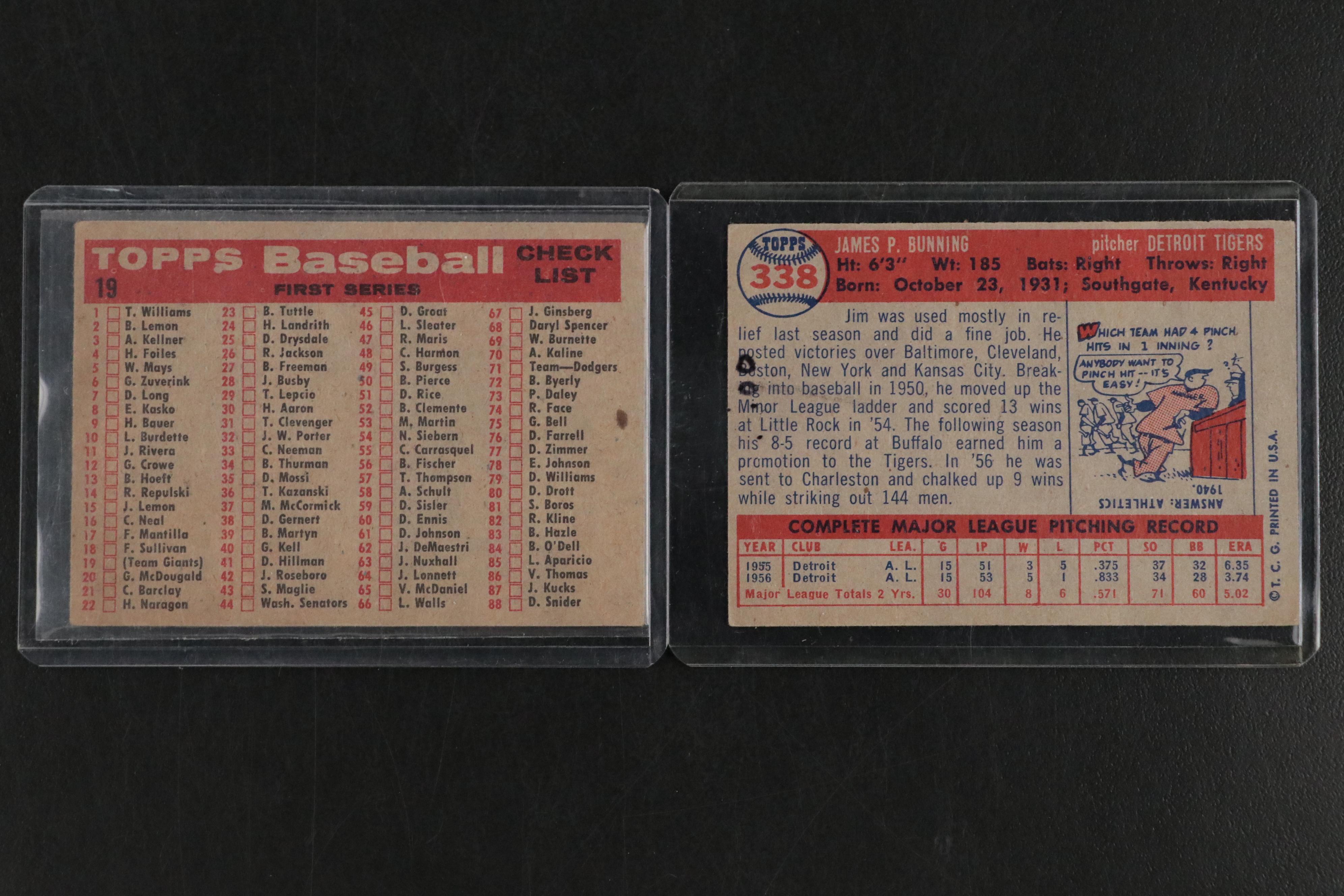 1957 Topps Baseball Cards Featuring Jim Bunning Rookie, Warren Spahn ...