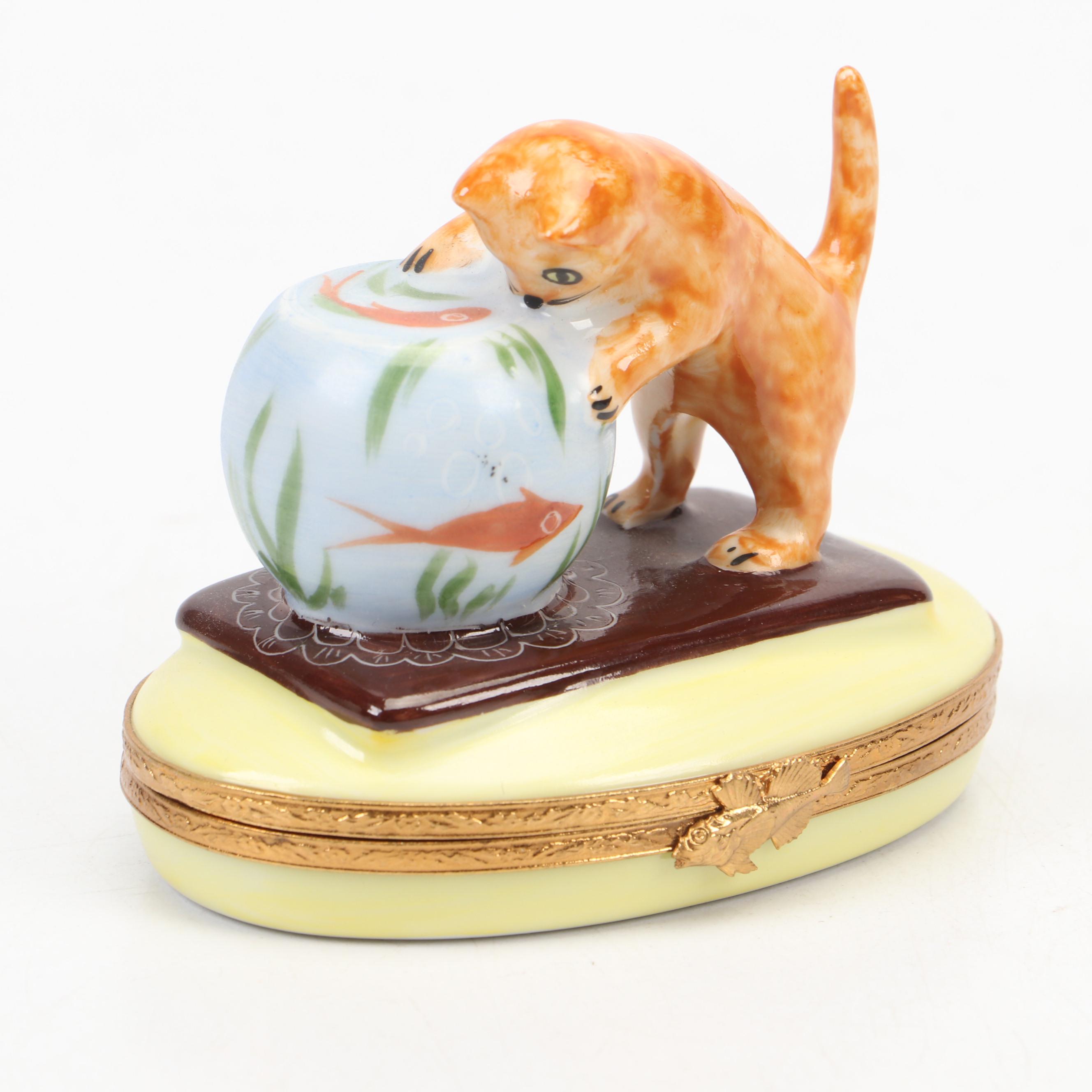 Artoria Porcelain Cat and Fish Bowl Limoges Box | EBTH