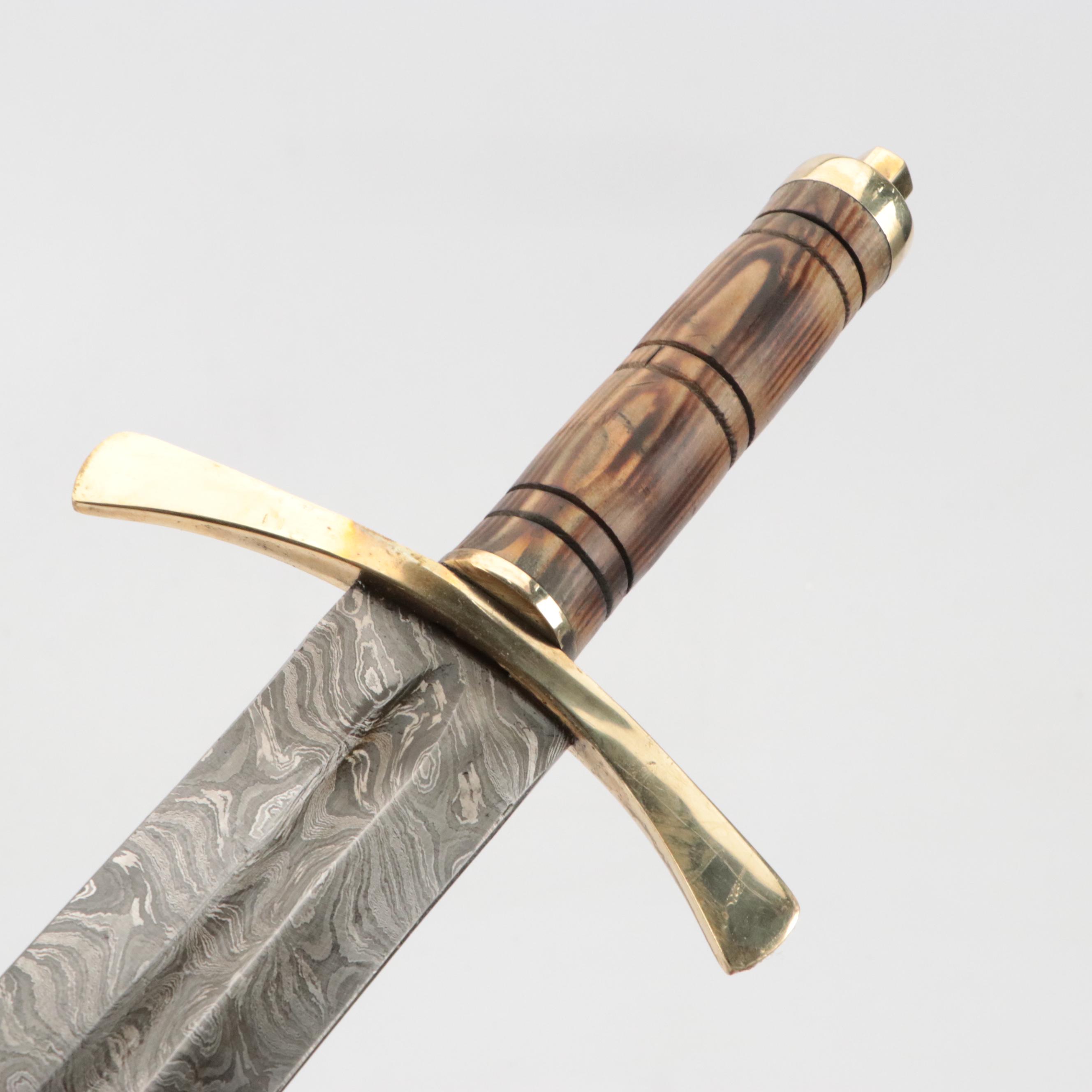 Damascus Steel and Wooden Handled Sword with Leather Scabbard | EBTH