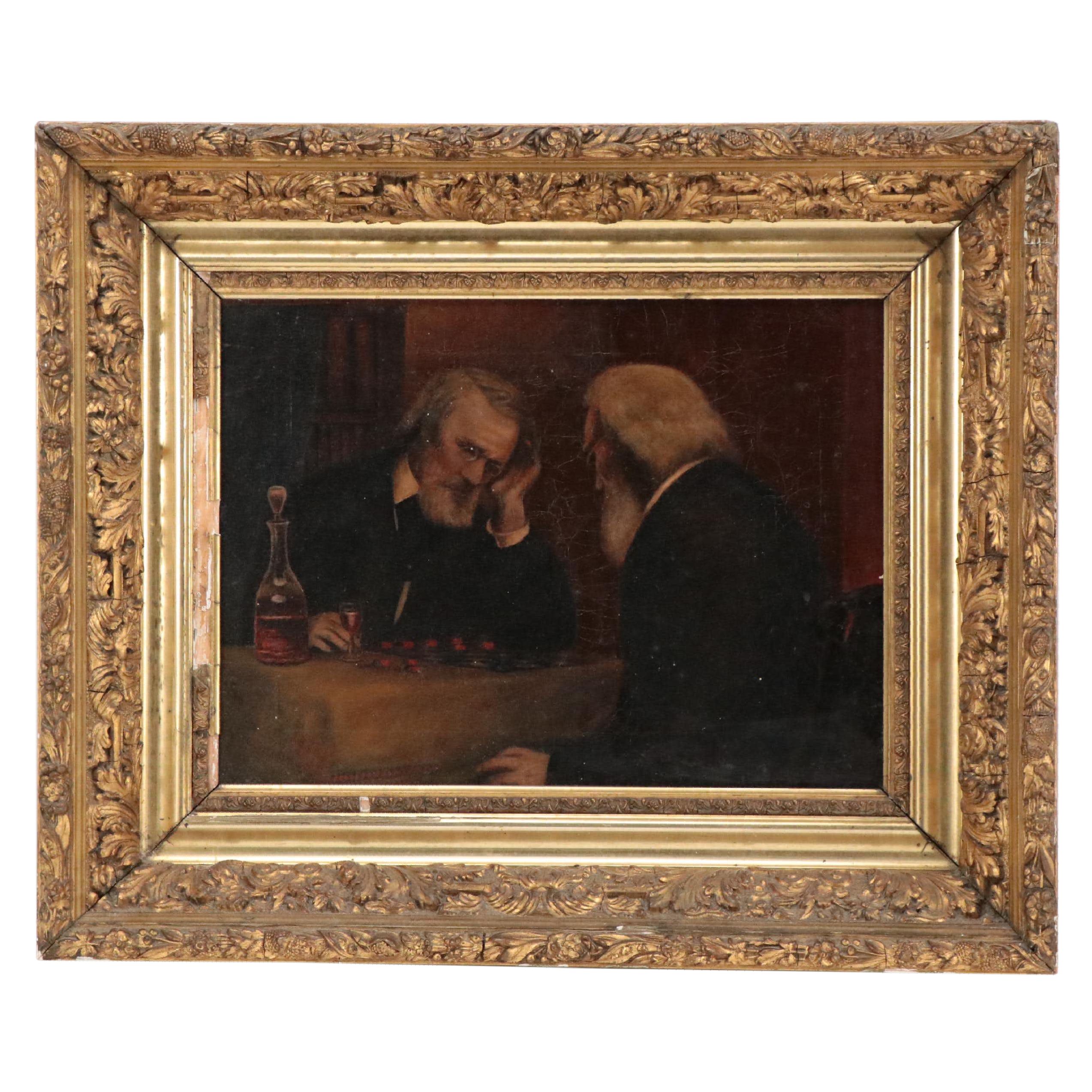 Oil Painting of Two Men Playing Checkers, Late 19th/ Early 20th Century ...