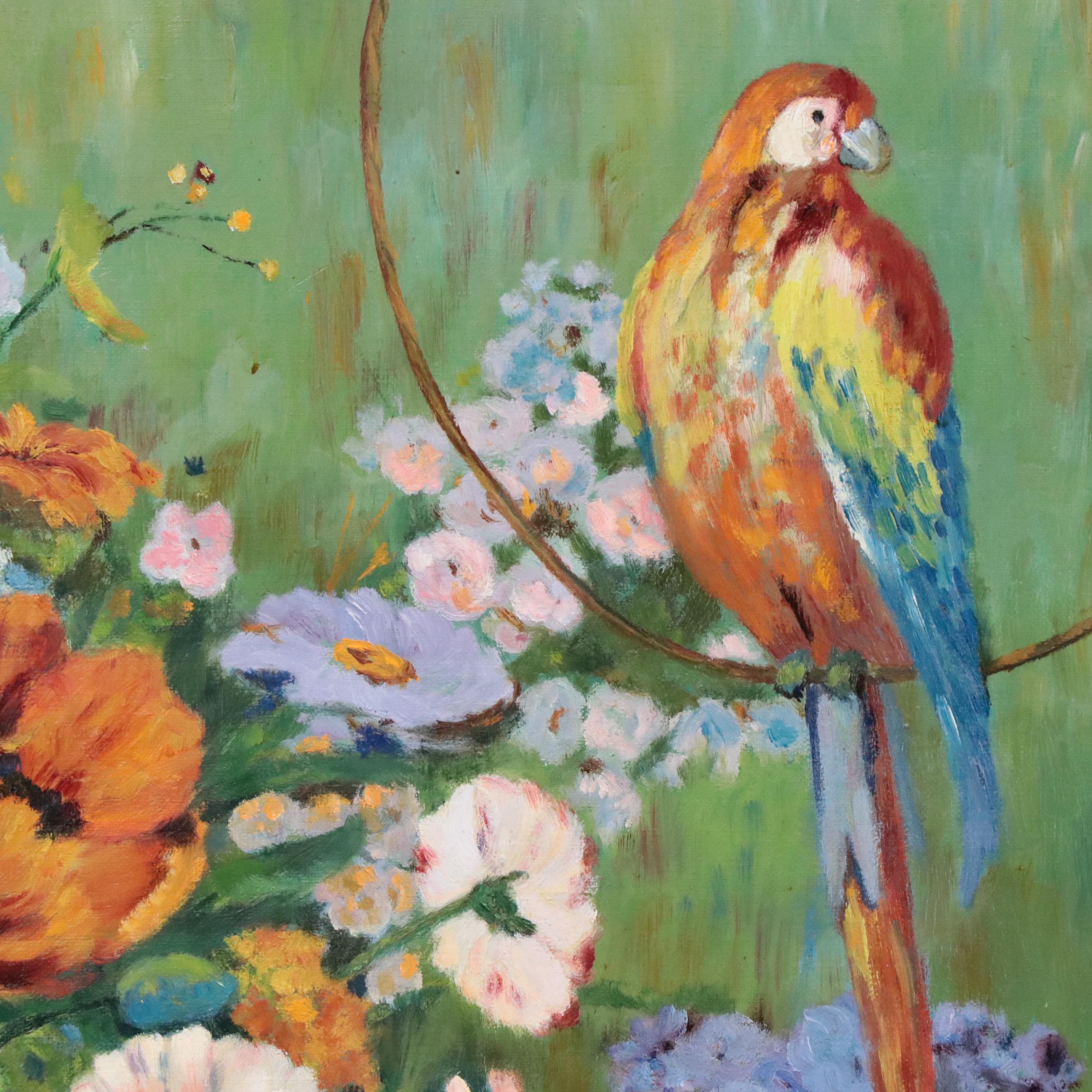 Hallie Adams Floral Still Life With Parrot Oil Painting, 1923 | EBTH