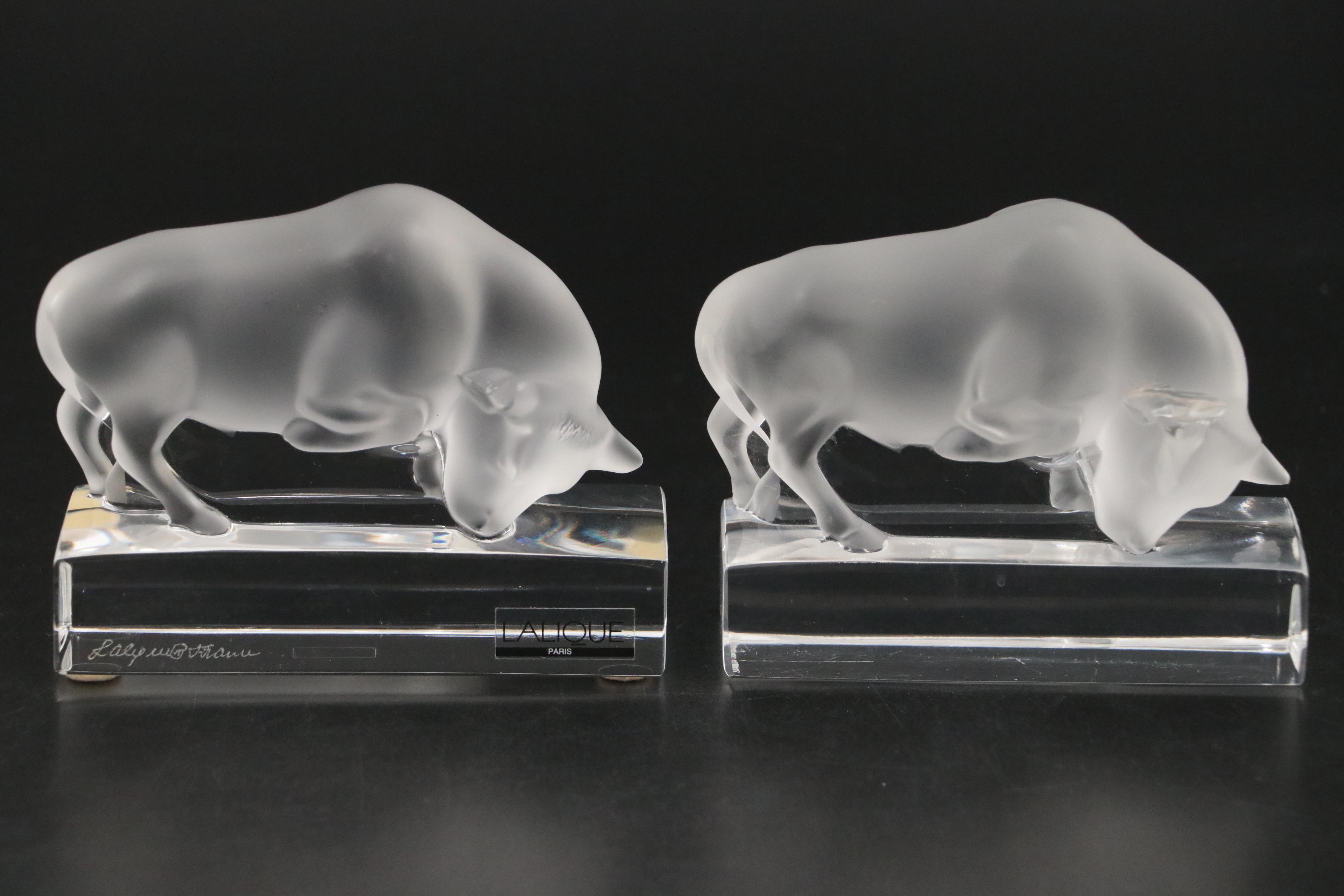 Pair of Lalique "Bull" Frosted and Clear Crystal Paperweights | EBTH