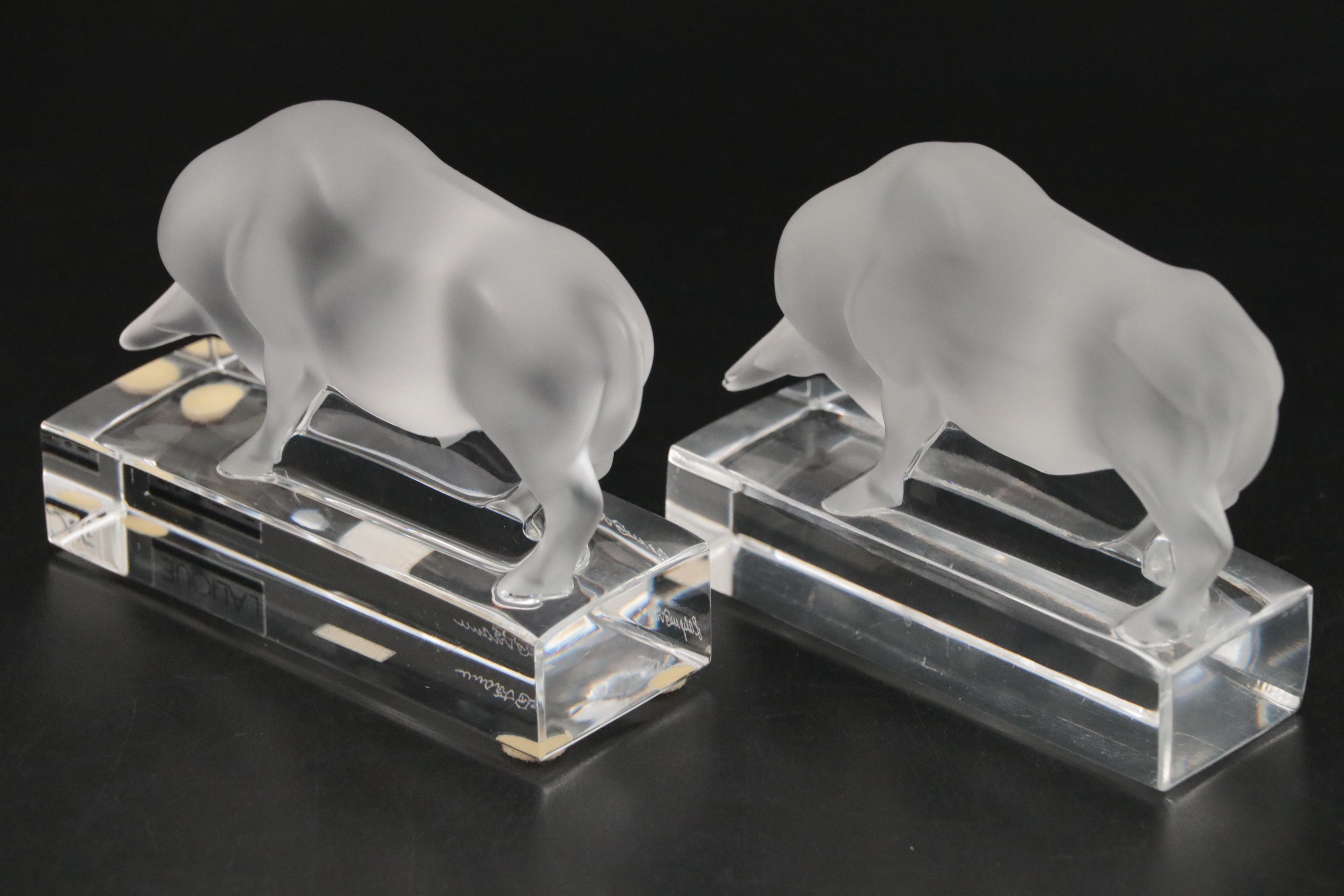 Pair of Lalique "Bull" Frosted and Clear Crystal Paperweights | EBTH