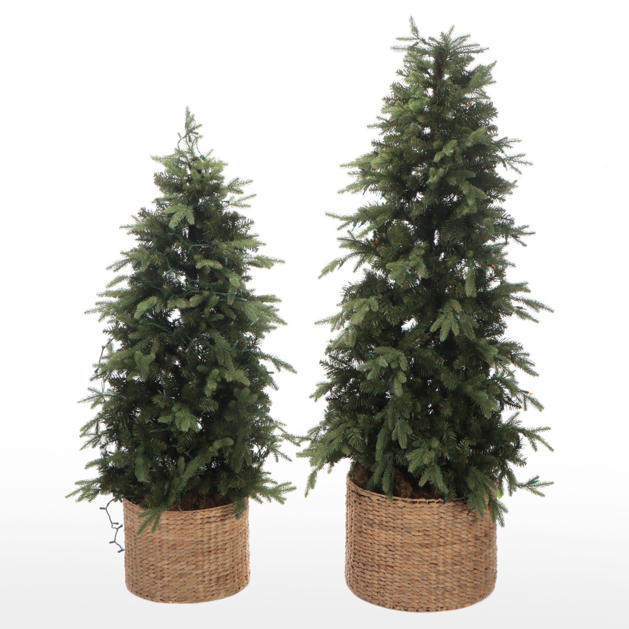 Pre-Lit Faux Fir Trees in Woven Basket Planters | EBTH