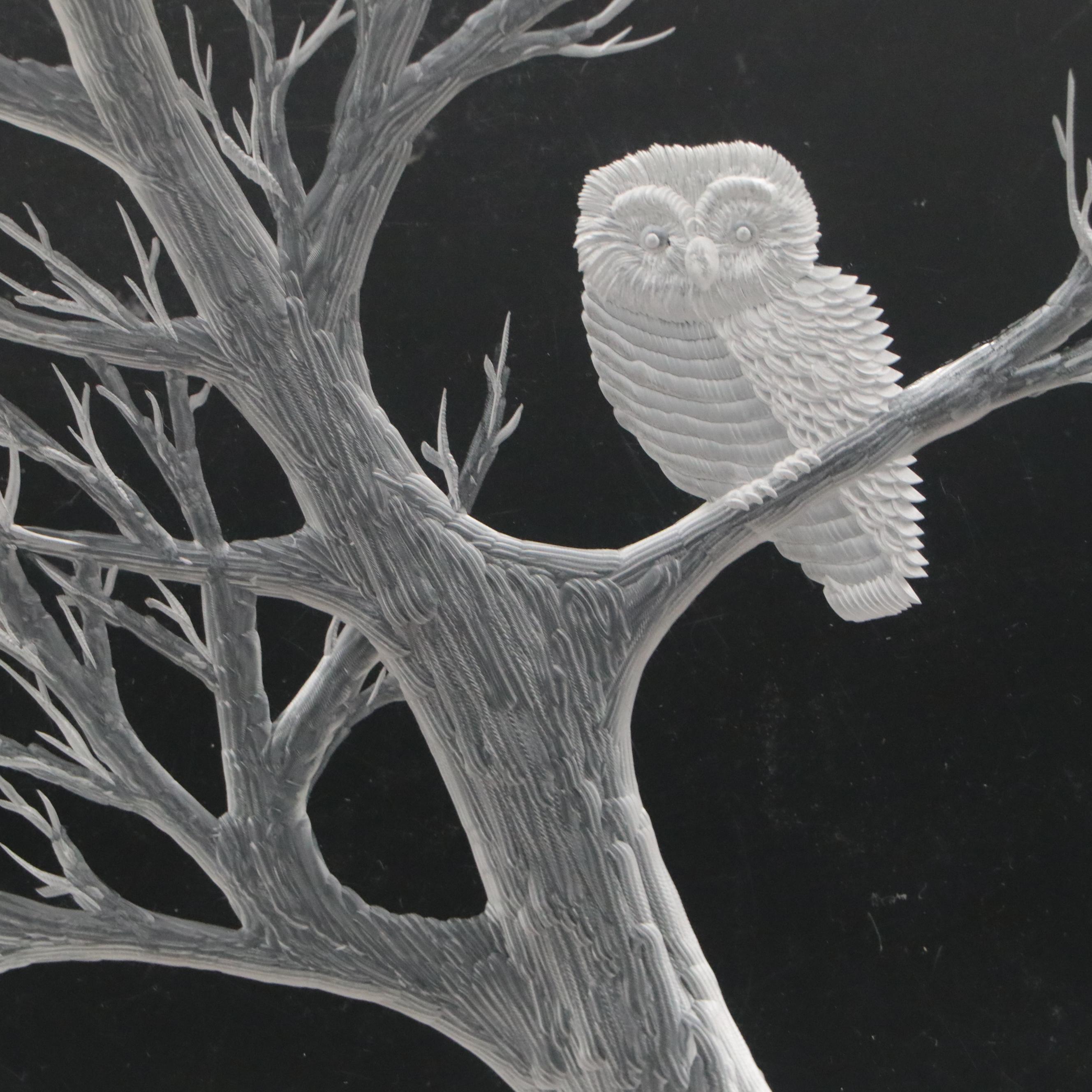 Ronald Fox Etched Acrylic Owl on Branch Figurine with Wooden Base, 1978 ...