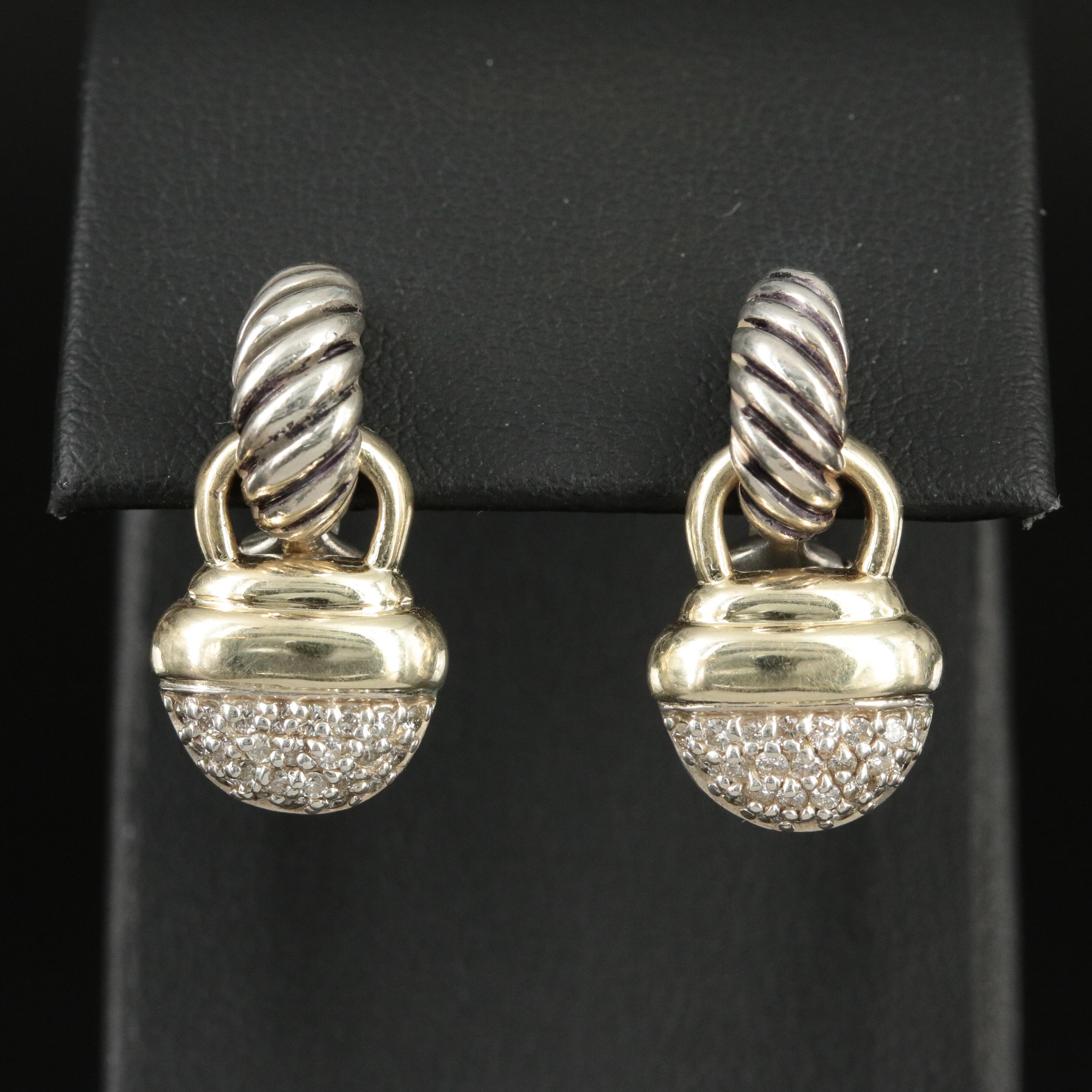 David Yurman Sterling, 18K and 0.48 CTW Cable Hoop Earrings with Acorn Drops | EBTH