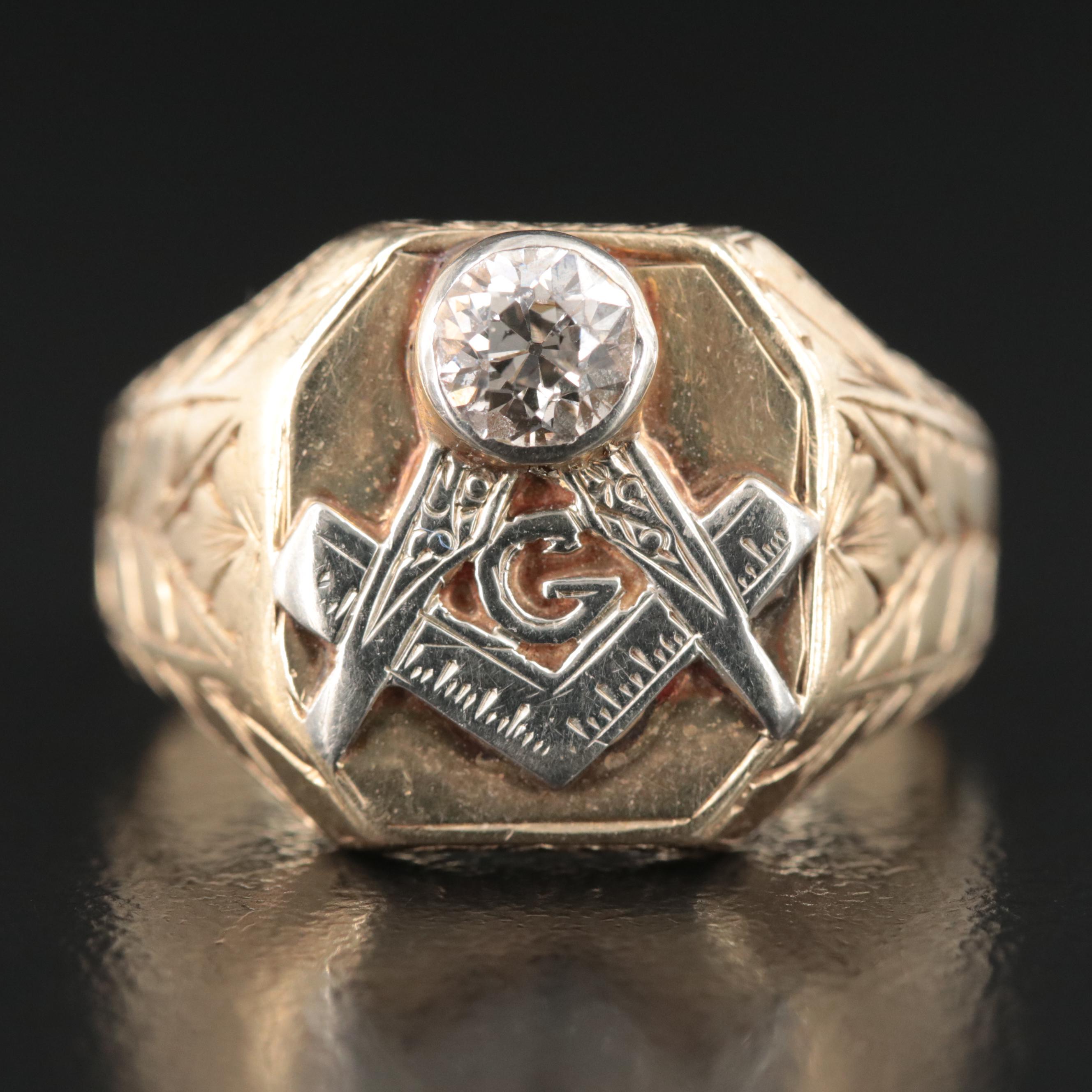 Antique 14K 0.72 CT Diamond Masonic Signet Ring | EBTH