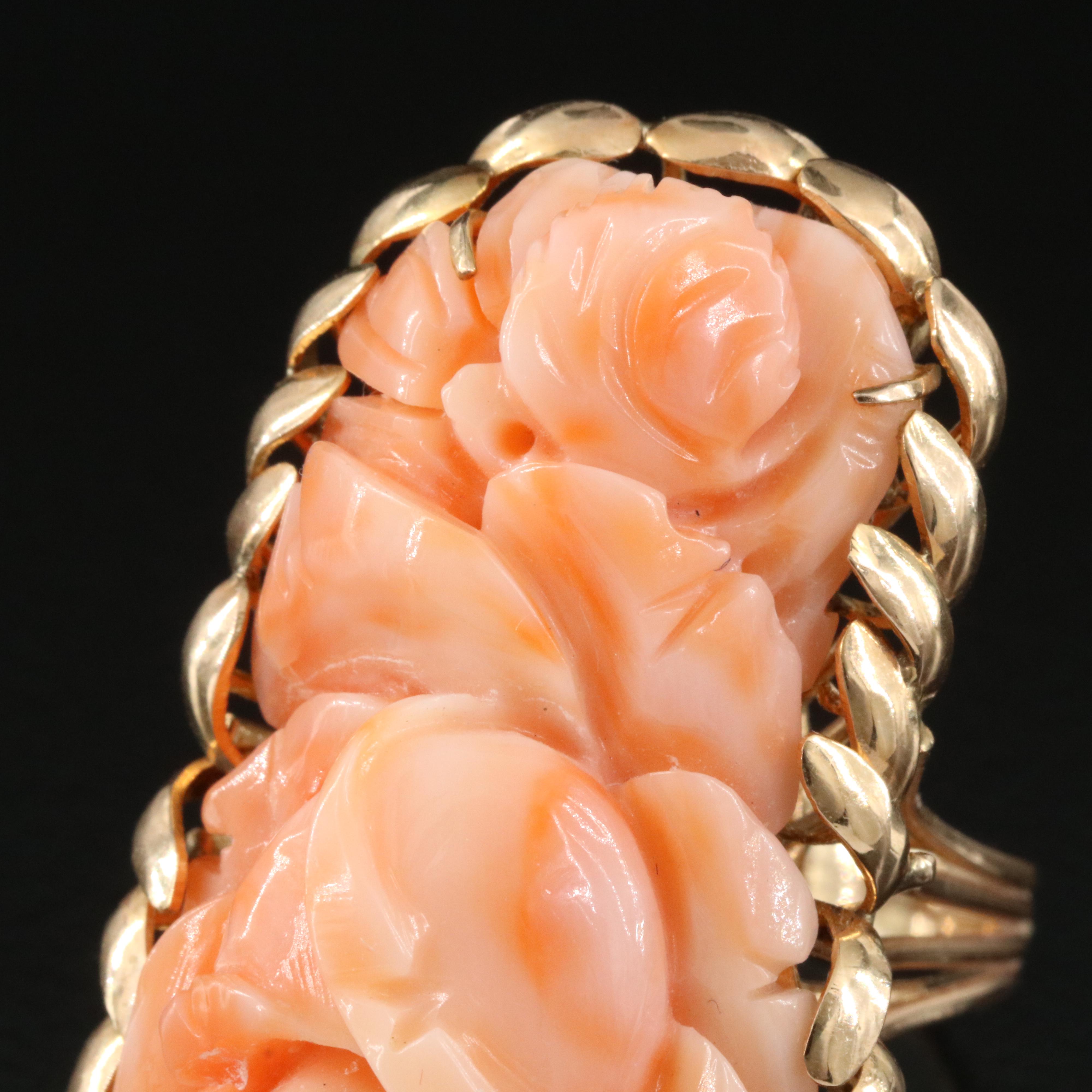 14K Floral Carved Coral Ring | EBTH