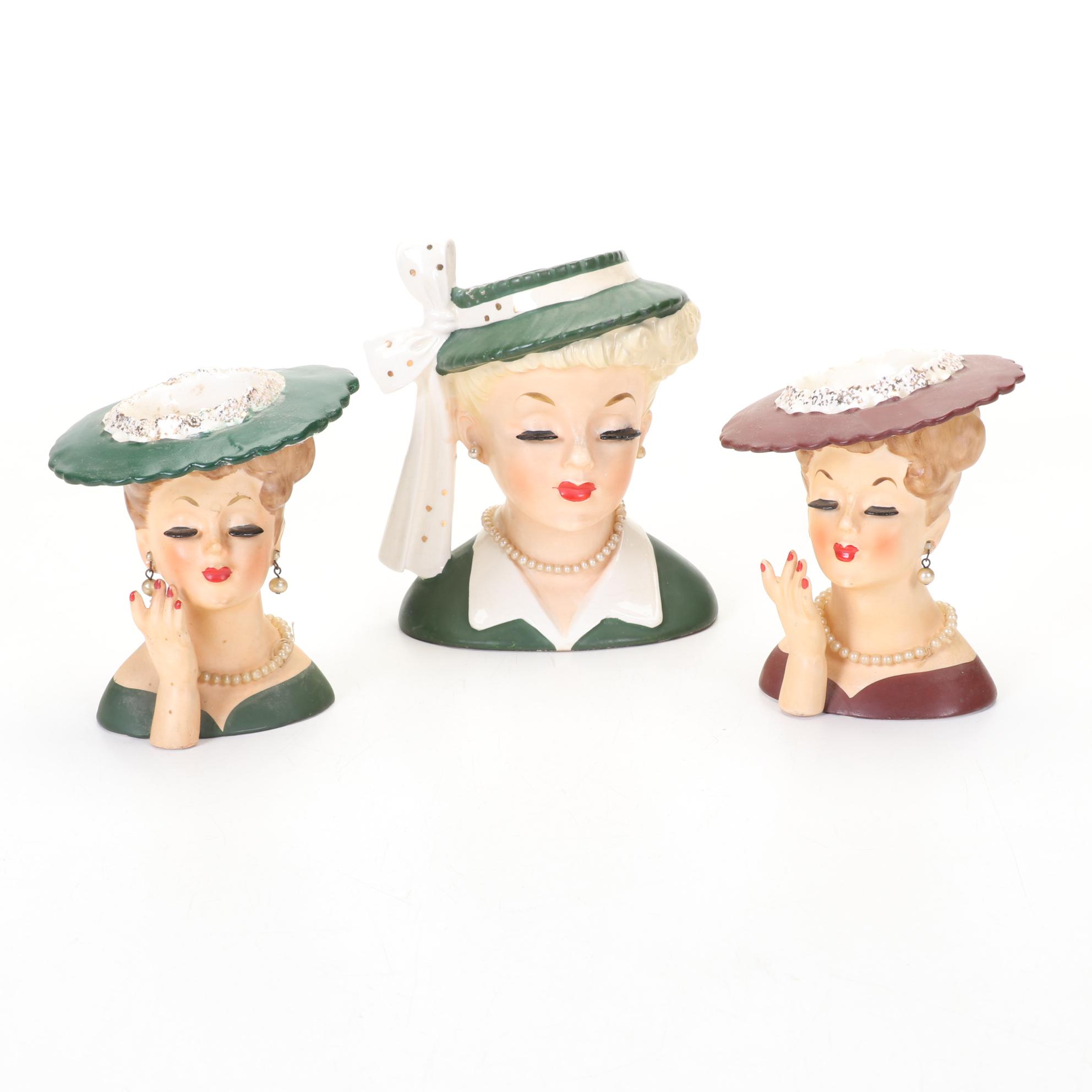 Napco Ceramic Lady Head Vases, 1950s | EBTH