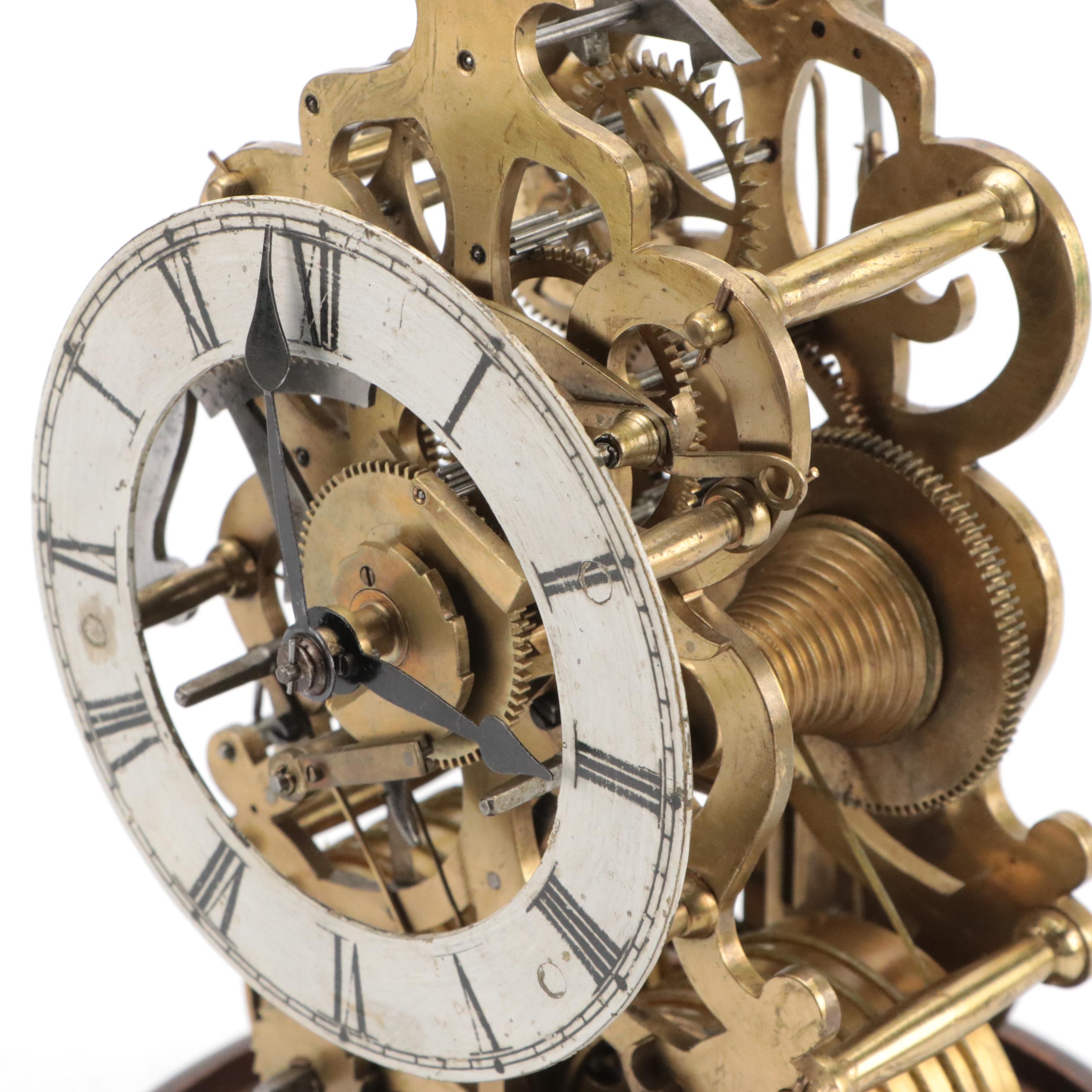 Victorian Brass Pendulum Driven 8-Day Skeleton Clock on Wood Cloche ...