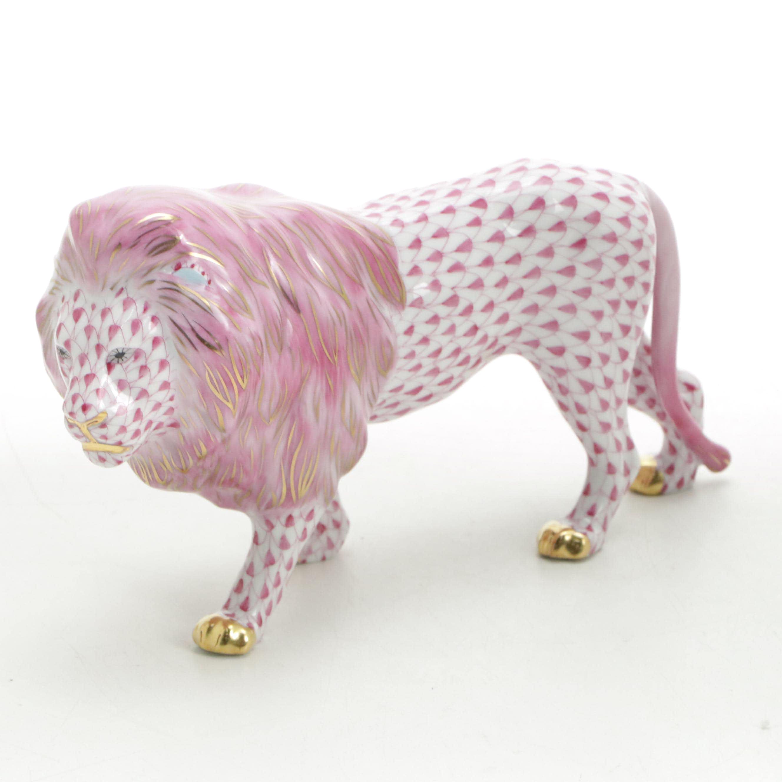 Herend Raspberry Fishnet "Lion Standing" Porcelain Figurine | EBTH