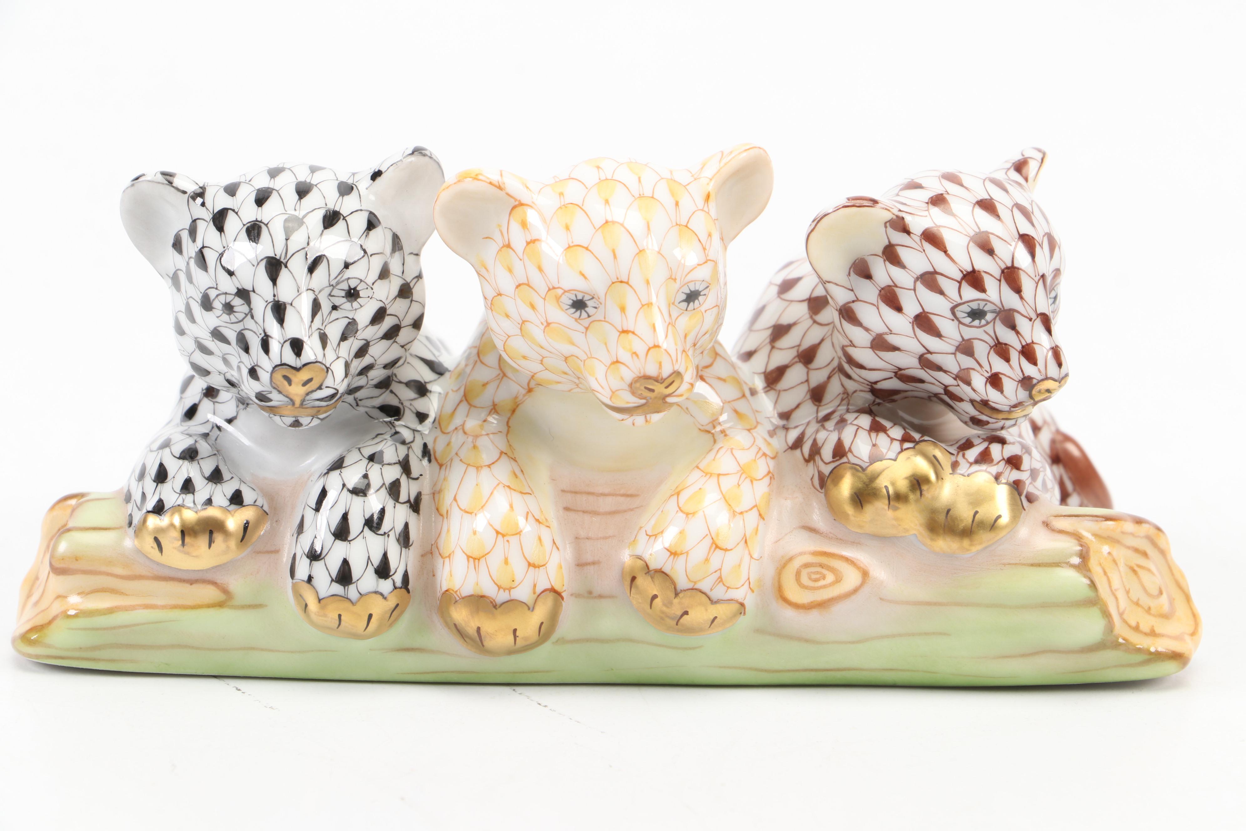 Herend Multicolor Fishnet with Gold "Tiger Cubs" Porcelain Figurine | EBTH