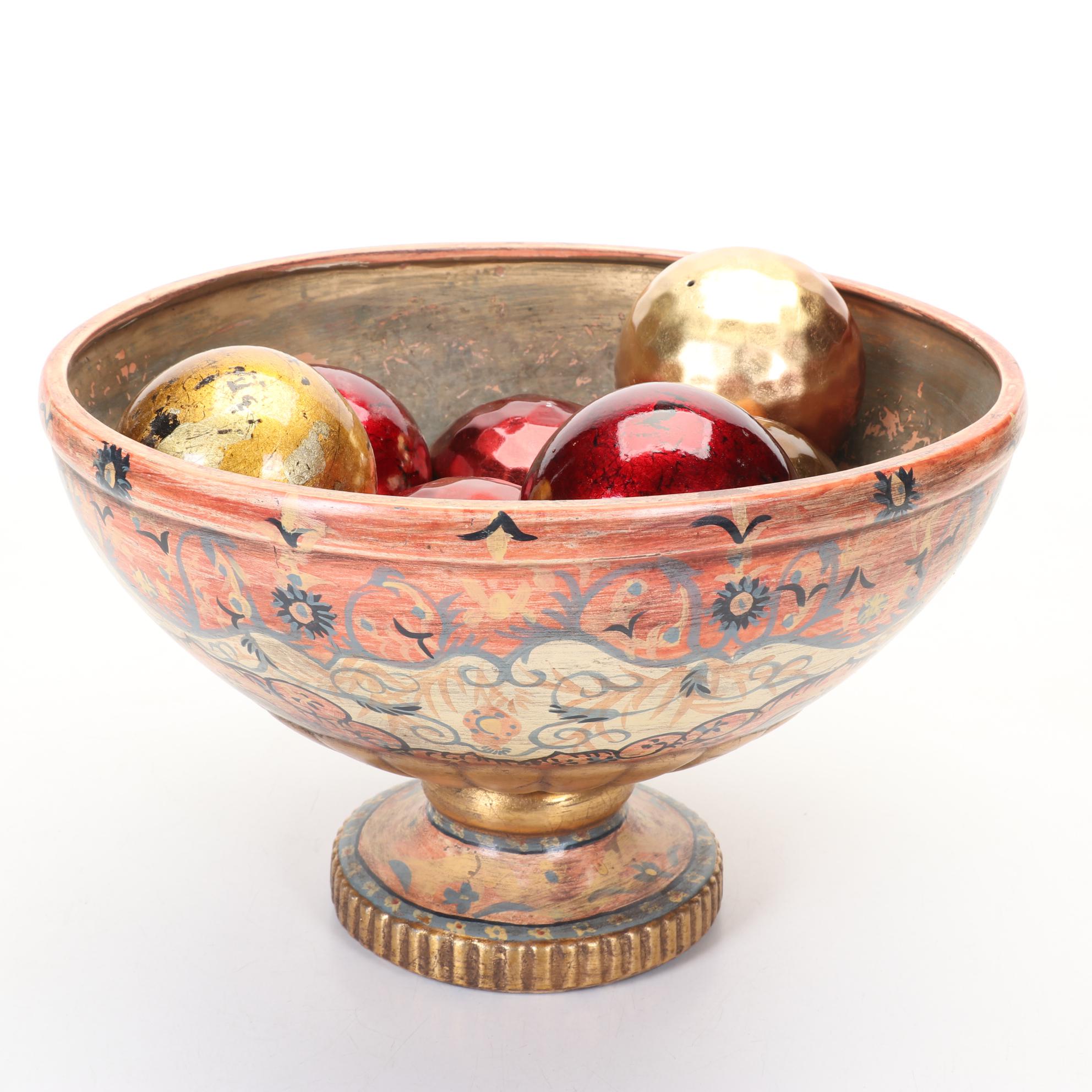 Painted Terracotta Footed Bowl with Decorative Red and Gold Tone Balls ...