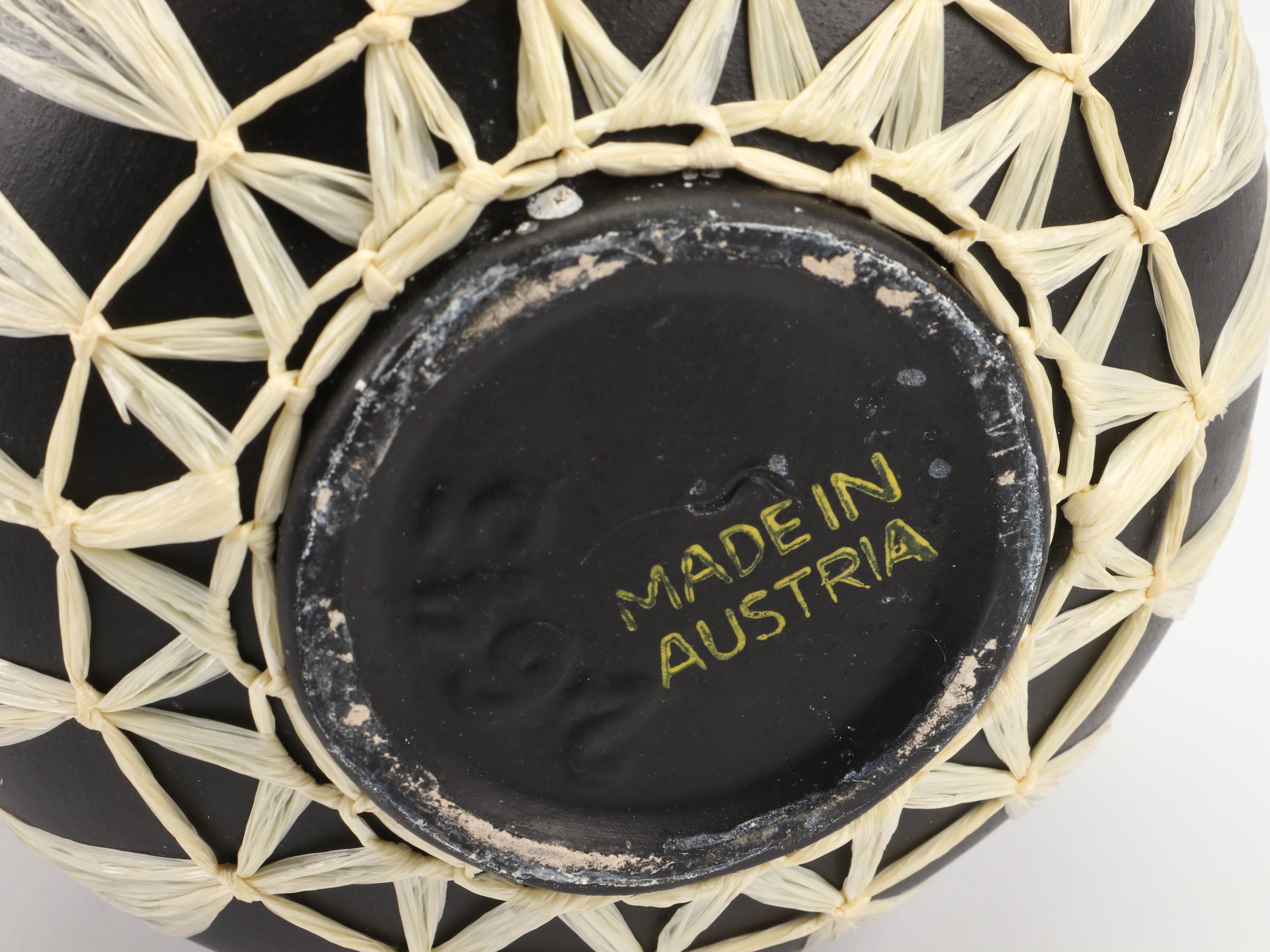 Gmundner Keramik Raffia Wrap Ceramic Vase with Carved Wood Figurine and ...