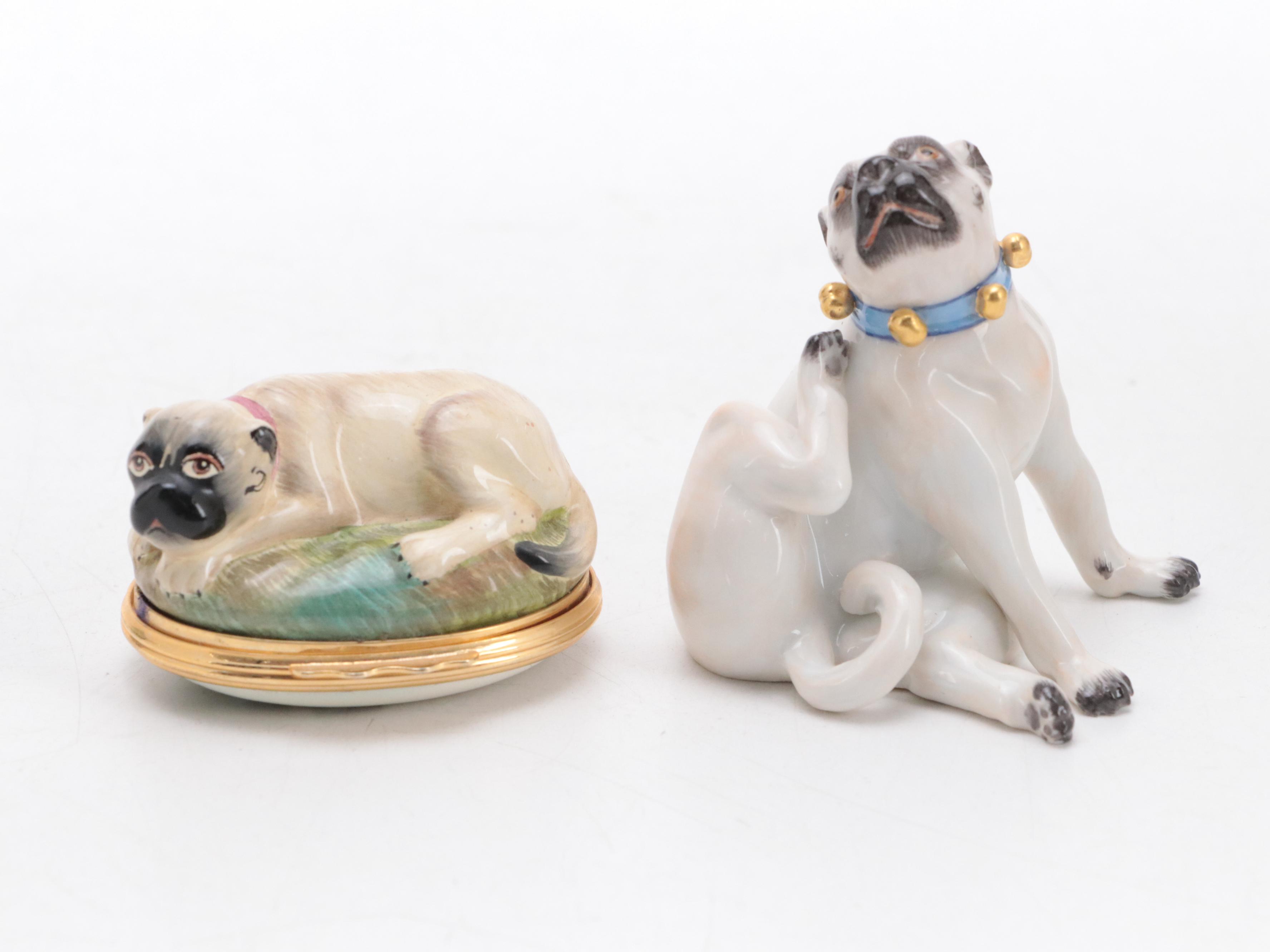 Meissen Scratching Pug Porcelain Figurine with Other Pug Themed Décor ...