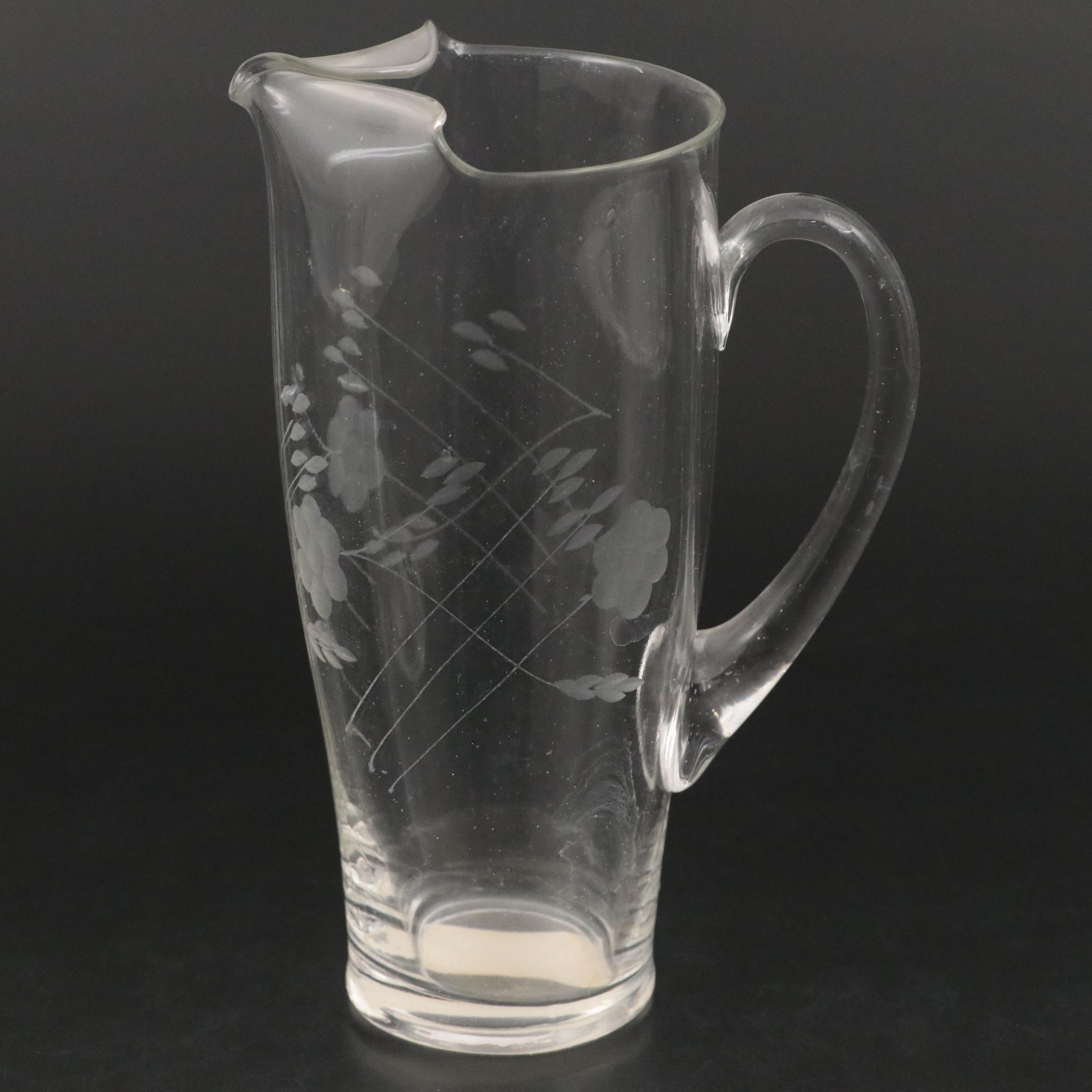 Etched Glass Pitcher and Wine Glasses, Mid-20th Century | EBTH