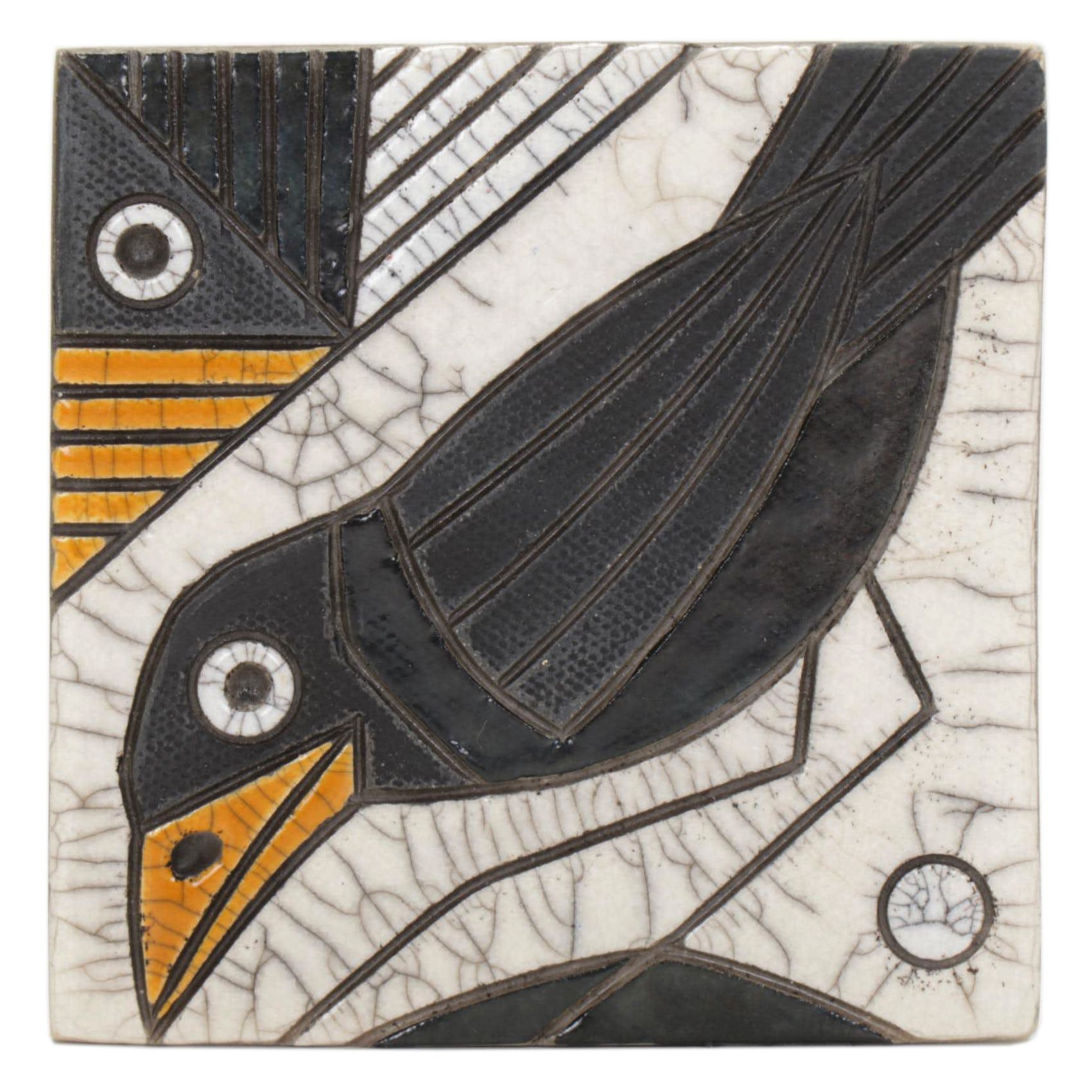 Art Pottery Graphic Black, White and Yellow Blackbird Ceramic Tile | EBTH