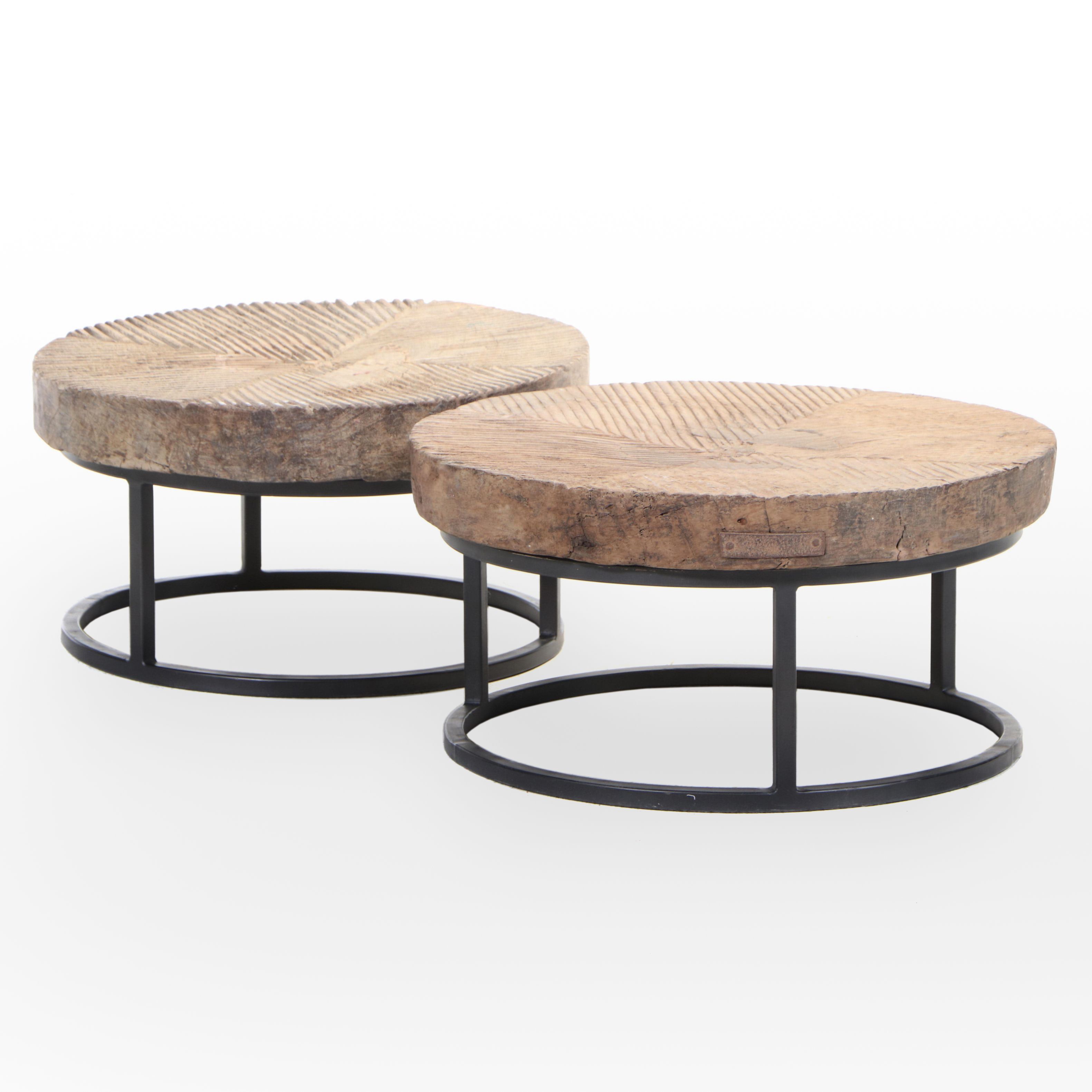 Two Rustic Patinated Metal and Reclaimed Wood Low Side Tables | EBTH