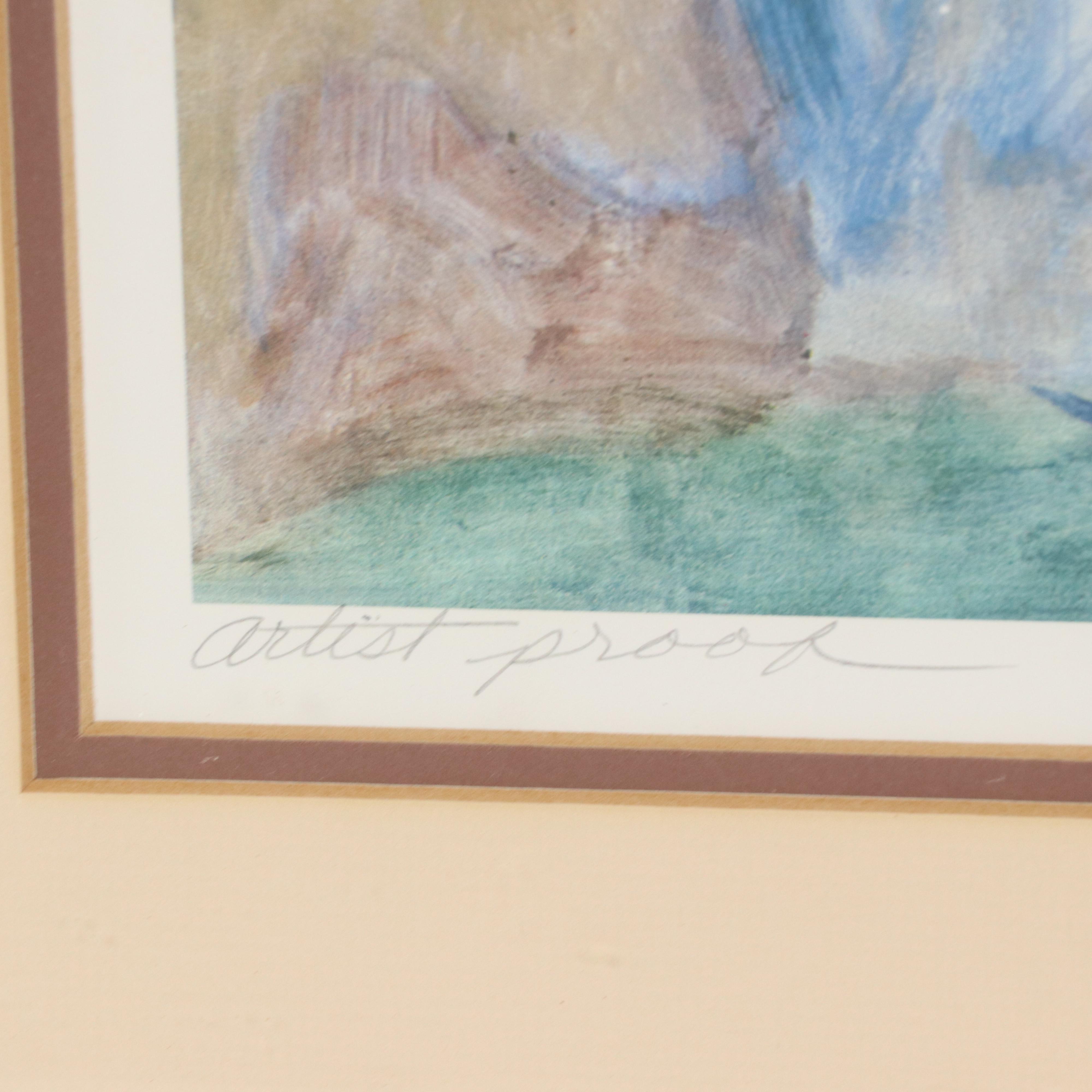 Barbara A. Wood Offset Lithograph of Two Figures Harvesting, Late 20th ...