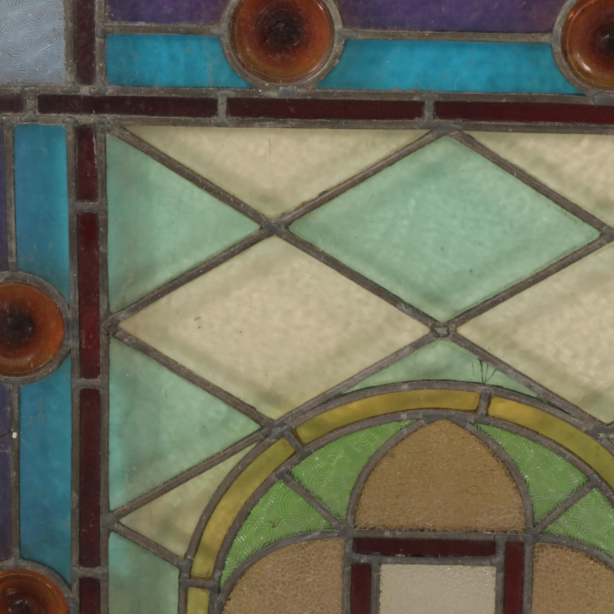 Pine Framed Stained Glass Windows with Roundel Accents, Early 20th ...