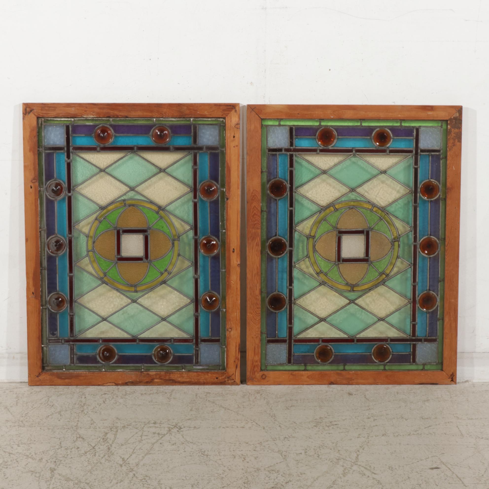 Pine Framed Stained Glass Windows with Roundel Accents, Early 20th ...