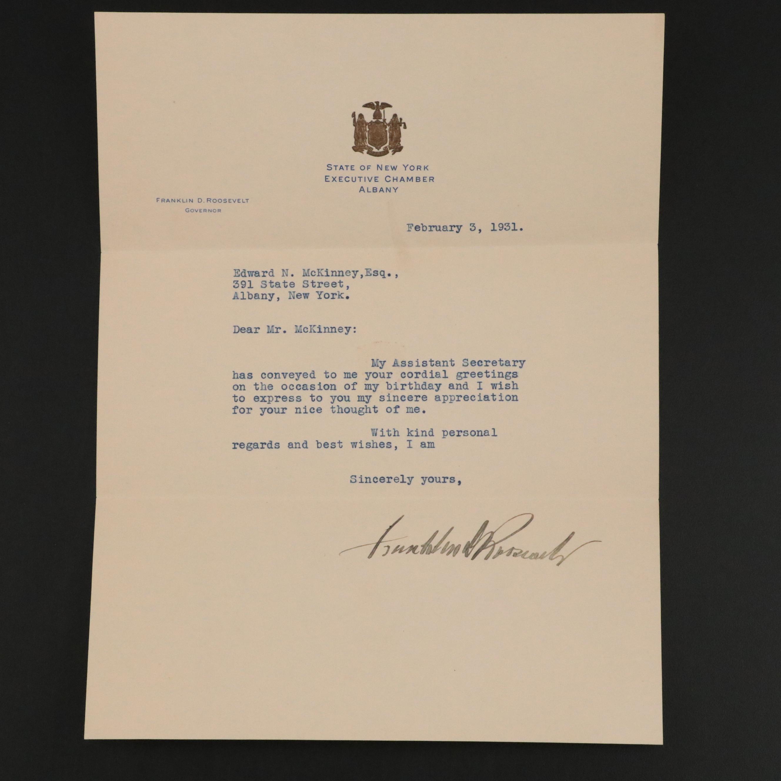 Franklin Delano Roosevelt Typed Letter Signed, Dated 1931 | EBTH
