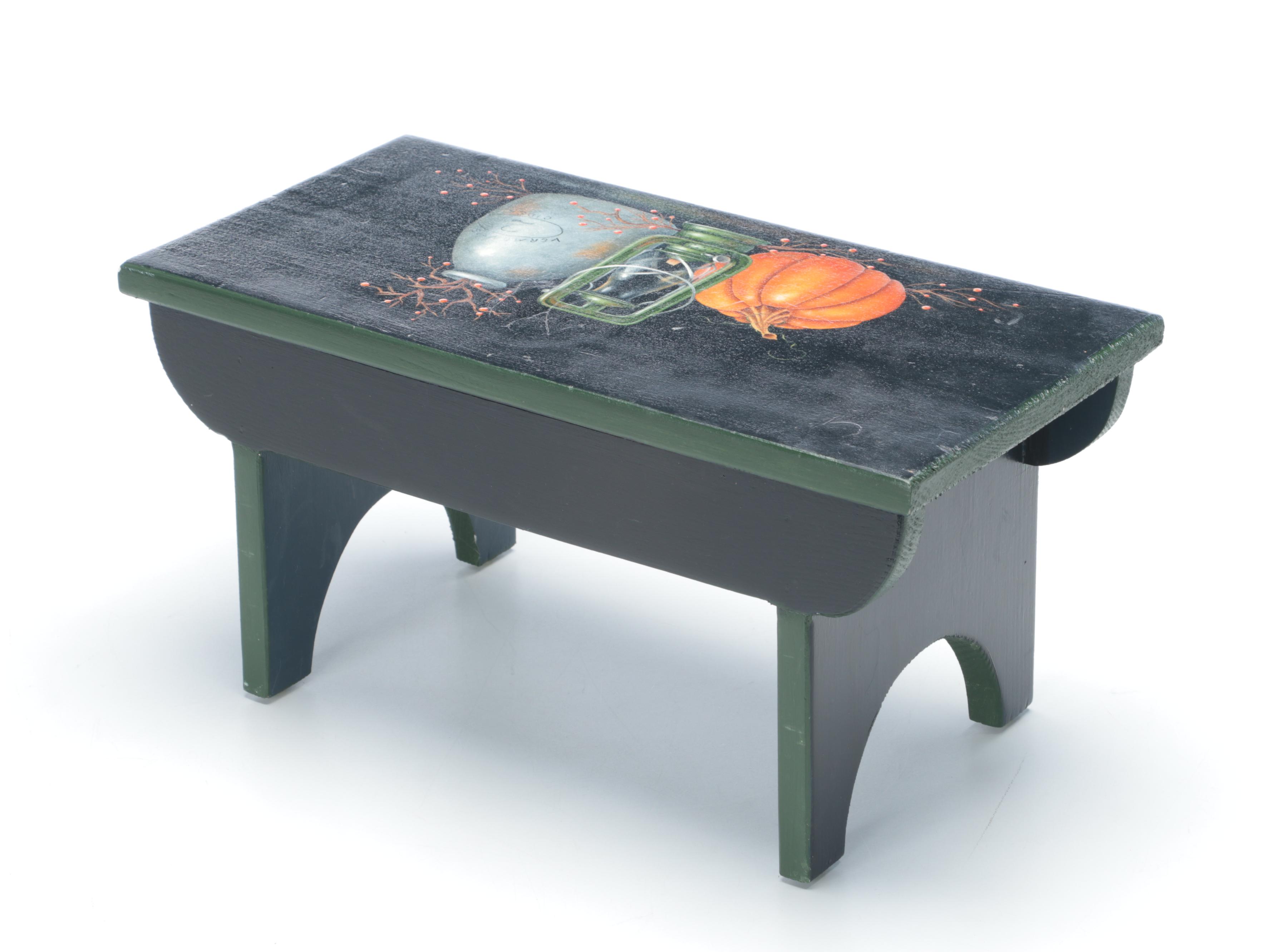 Checkered Oil Cloth Floor Mat with Small Wooden Fall Themed Footstool ...